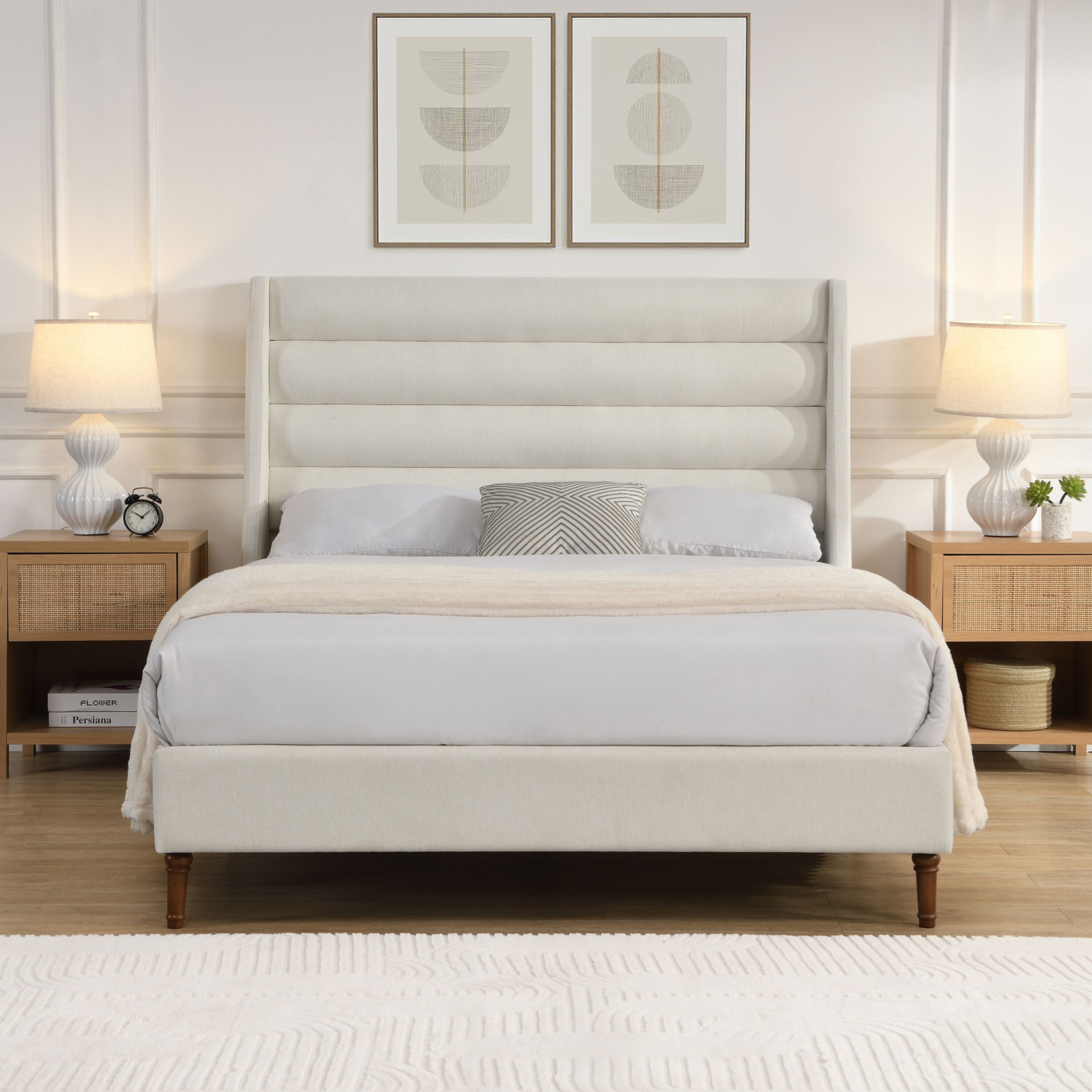 LOVMOR Queen Size Upholstered Platform Bed High Wave Headboard Premium ...