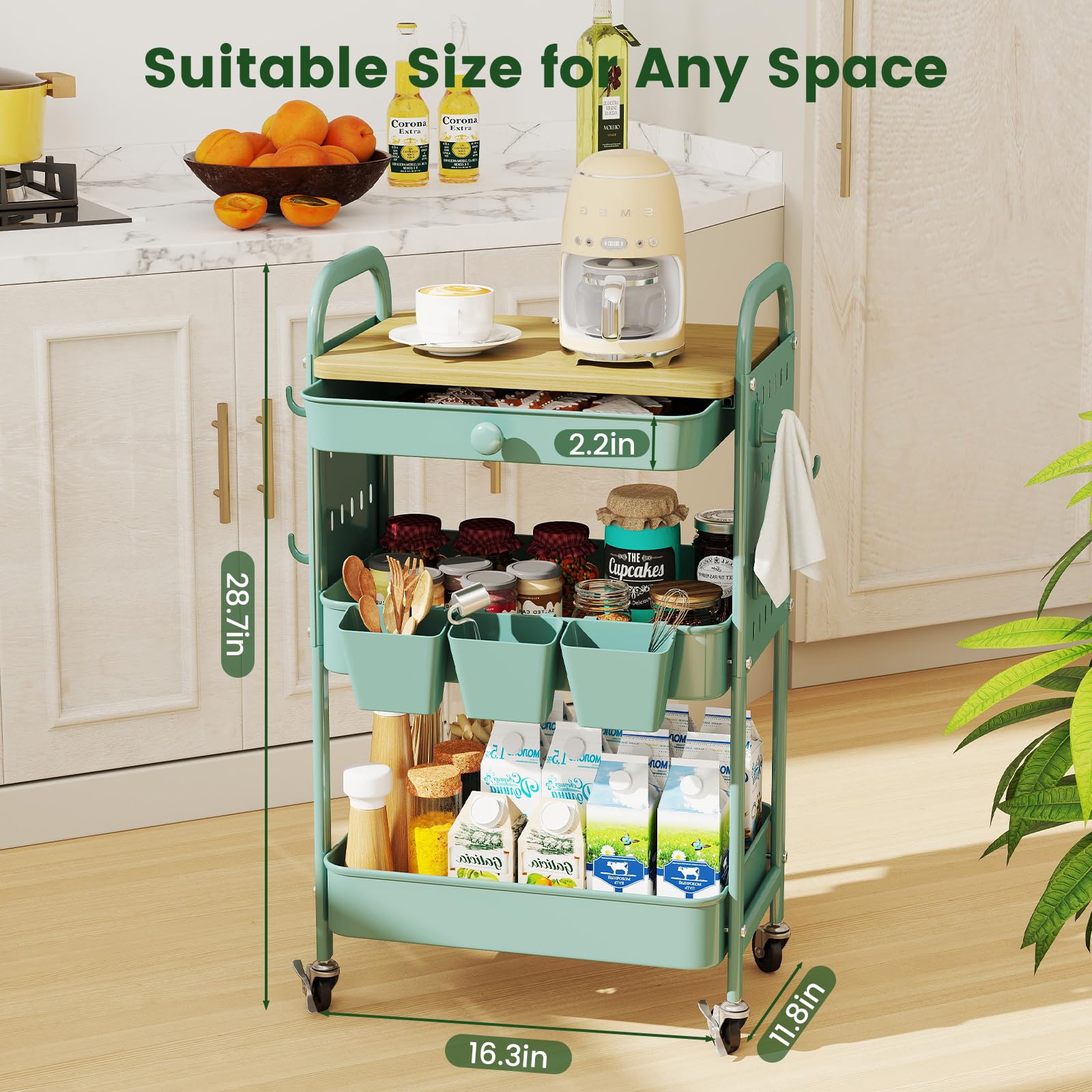 OMOMMD 3 Tier Rolling Cart Metal Storage Drawer Wooden Top Pegboard ...