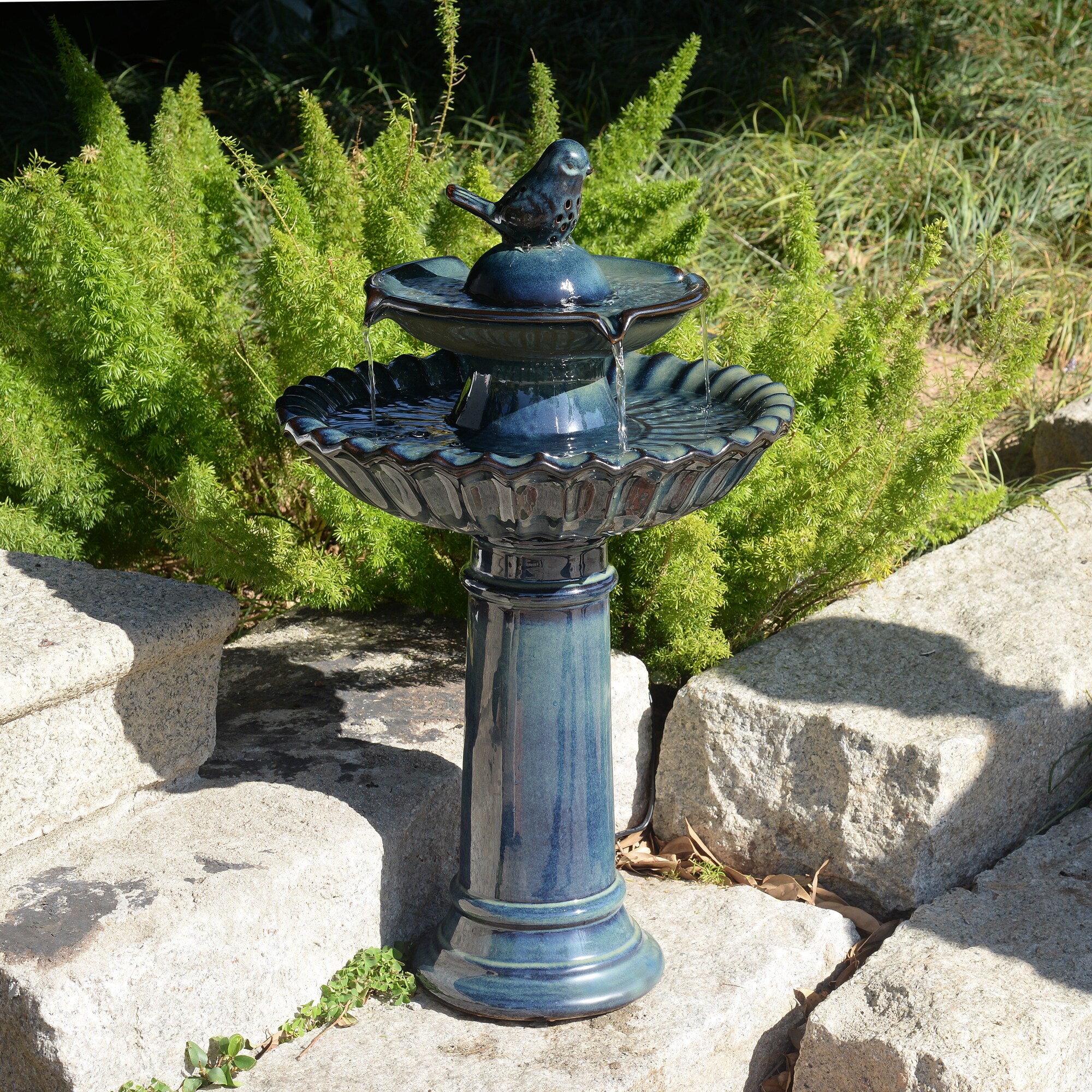 Hi-Line Gift 26.57-in H Ceramic Battery Powered Tiered Outdoor Fountain ...