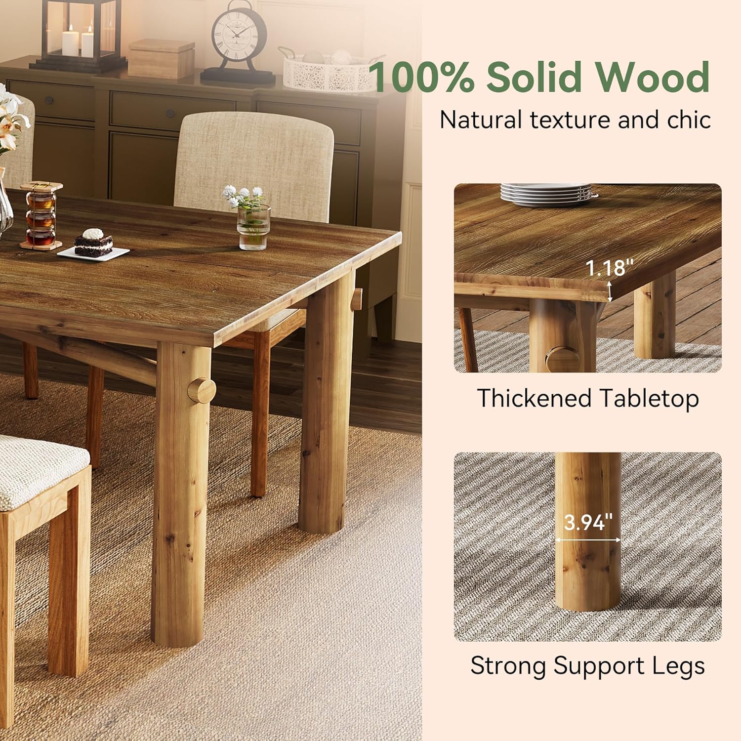 LITTLE TREE Dark Brown 63-Inch Solid Wood Dining Table for 6 Wooden ...