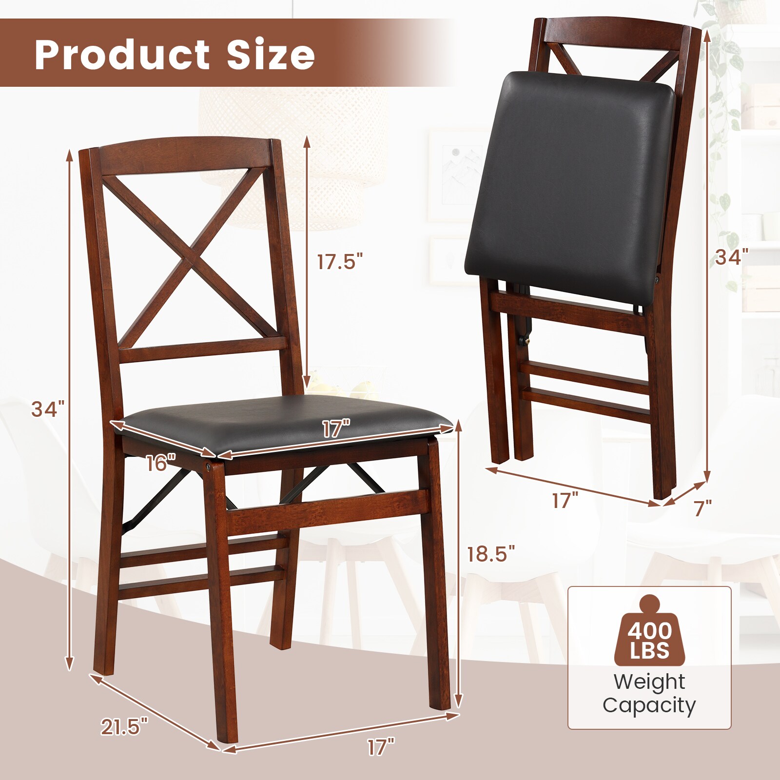 SUGIFT Set Of 2 Folding Upholstered Rubber Wood Dining Side Chairs With ...