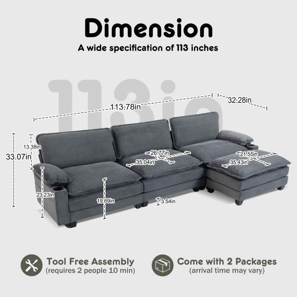 Coolbibila 113-in Modular L-Shaped Dark Gray Corduroy Sectional Sofa ...