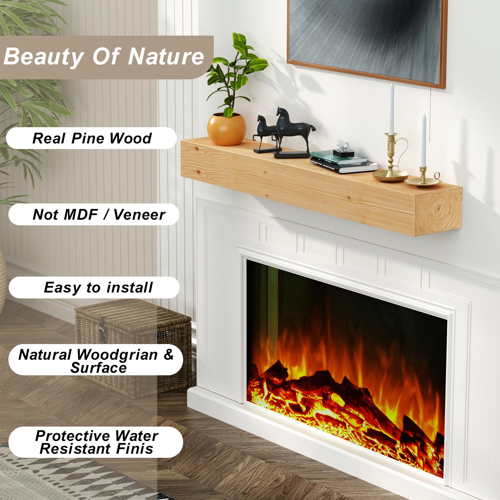LUXEYARD 48inch Wood Floating Fireplace Shelves Wall Mounted Clear ...