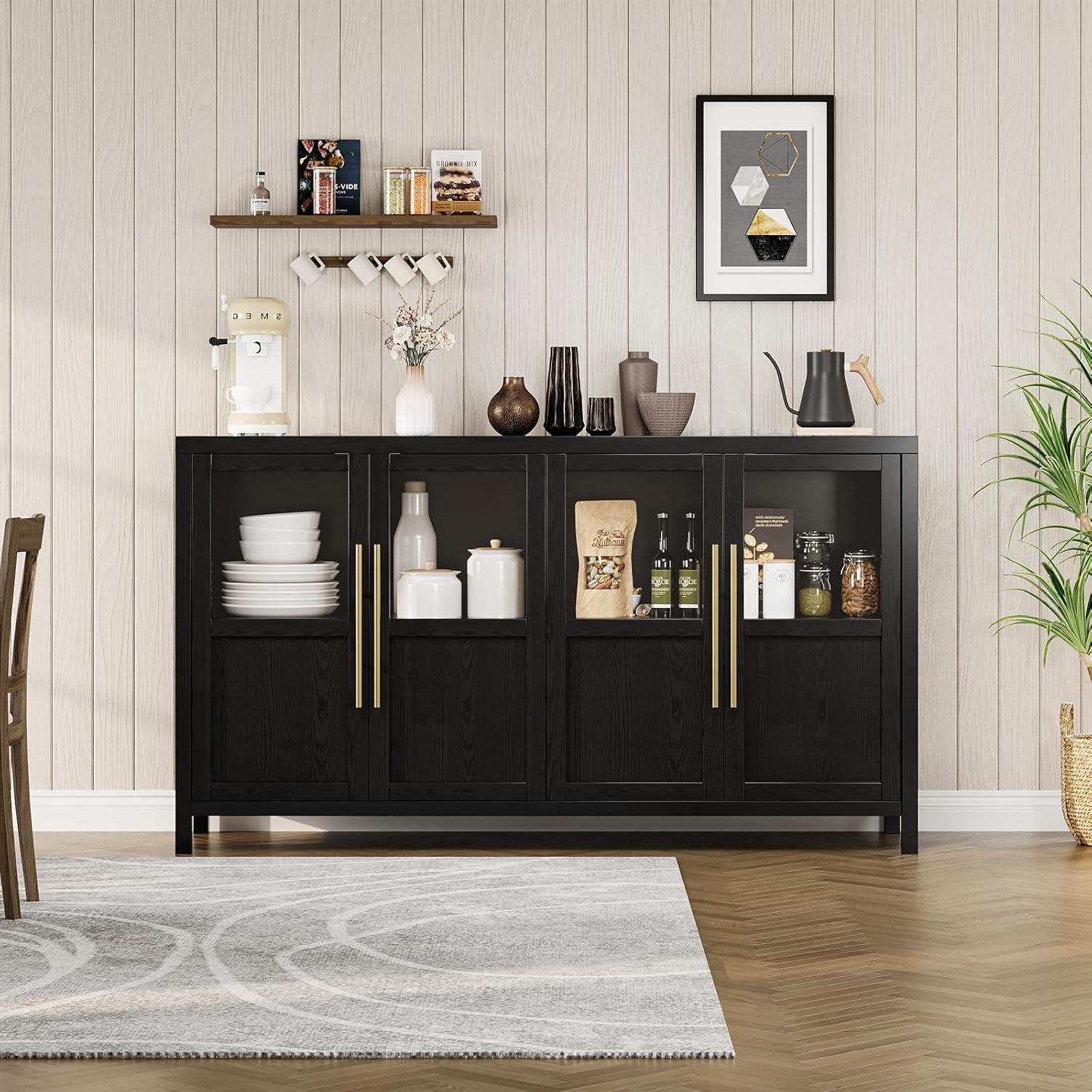 IdealHouse Dark 55 Inch Sideboard Buffet Cabinet With 4 Glass Doors ...