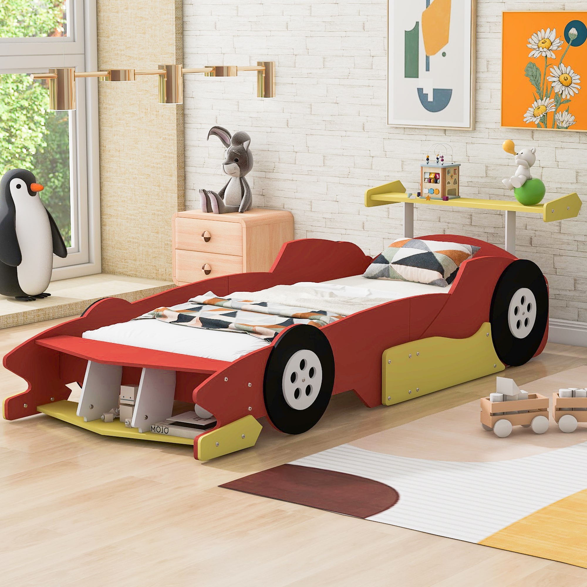 ModernLuxe Twin Size Race CarShaped Platform Bed with WheelsRed in the ...