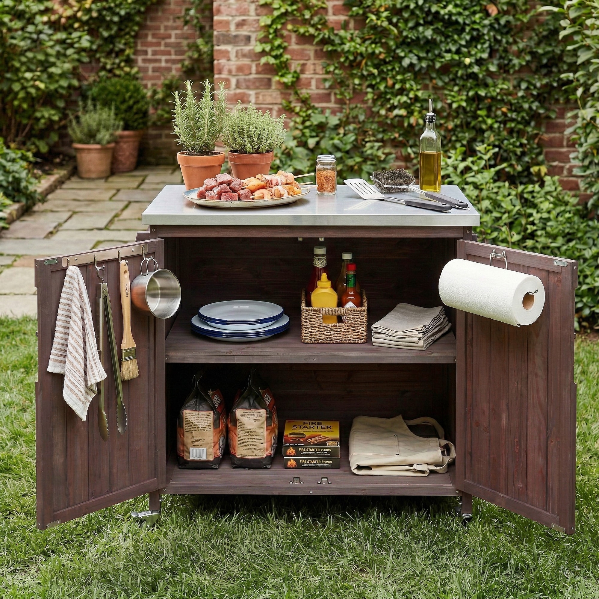 LOVMOR Dark Brown Outdoor Metal Base Stainless Steel Top Kitchen ...