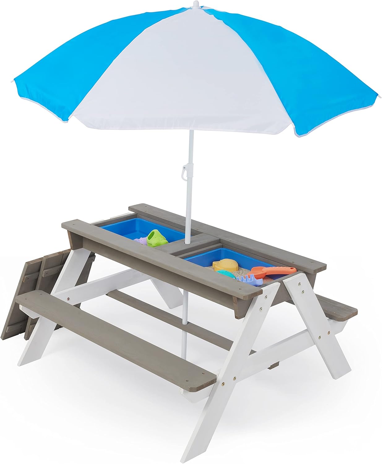 LUXEYARD Wooden Kids Picnic Table Sand and Water Table with Umbrella ...