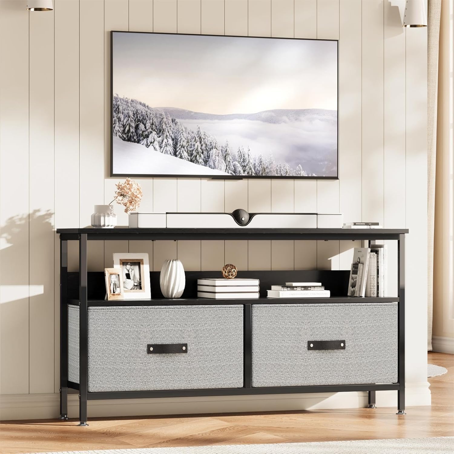Garvee TV Stand with 2 Fabric Drawers TV Cabinet for 55 Inch TV Modern ...