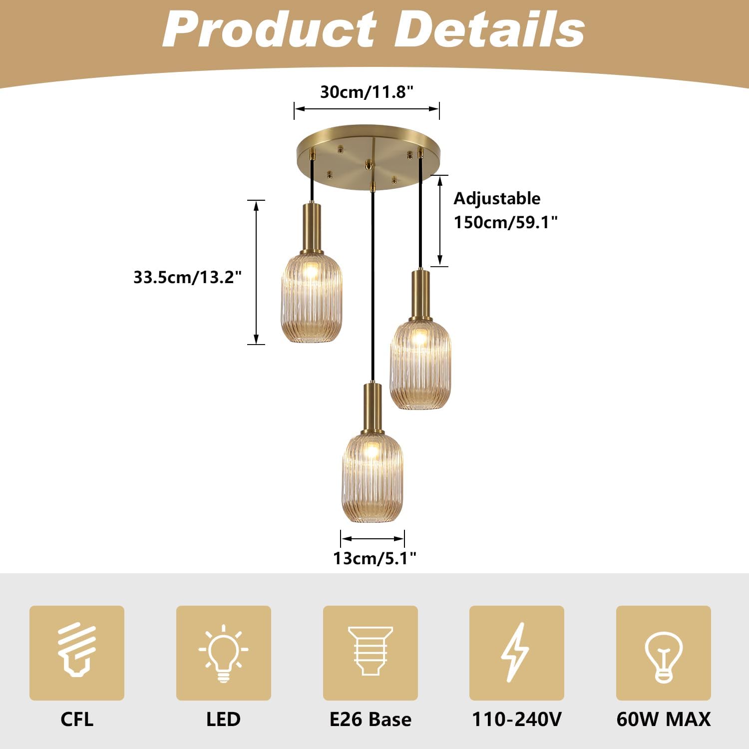 KCO Lighting 3 Light Cluster Pendant Lighting Gold Cluster Light ...