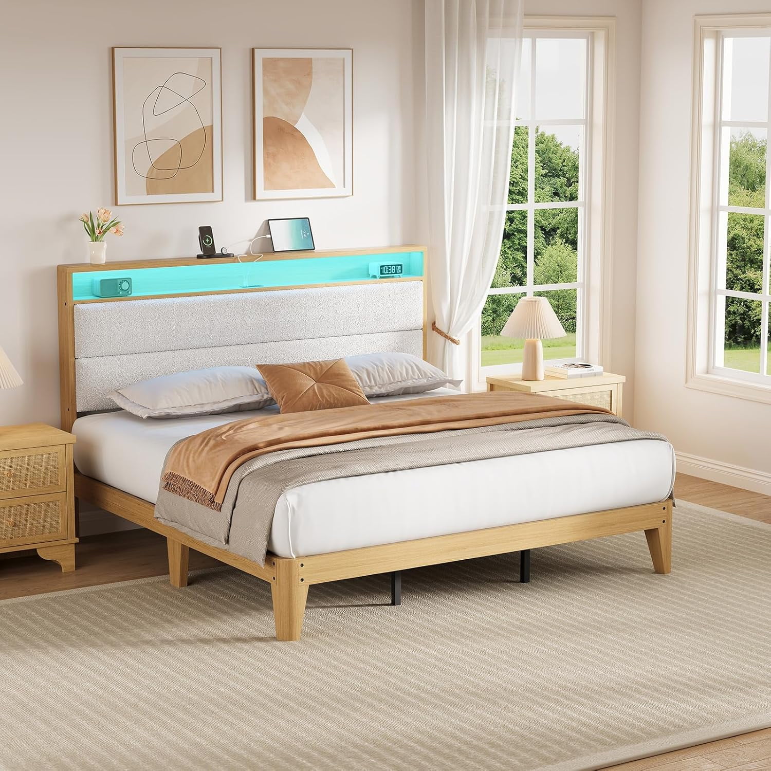 Garvee Full Size Upholstered Bed with Storage Headboard- LED Boucle ...