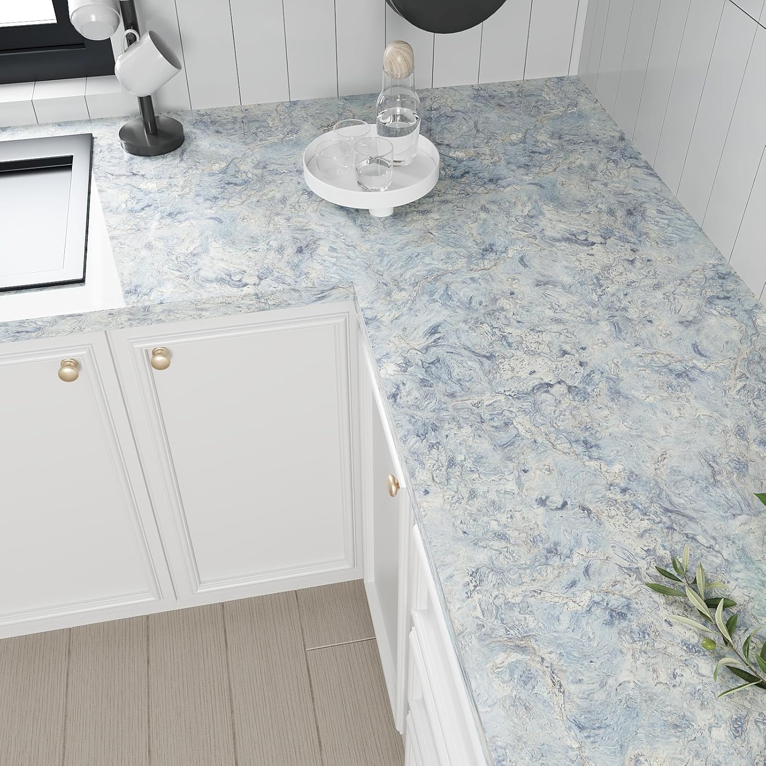 VEELIKE Cream Blue Marble Contact Paper for Countertops Waterproof Peel ...