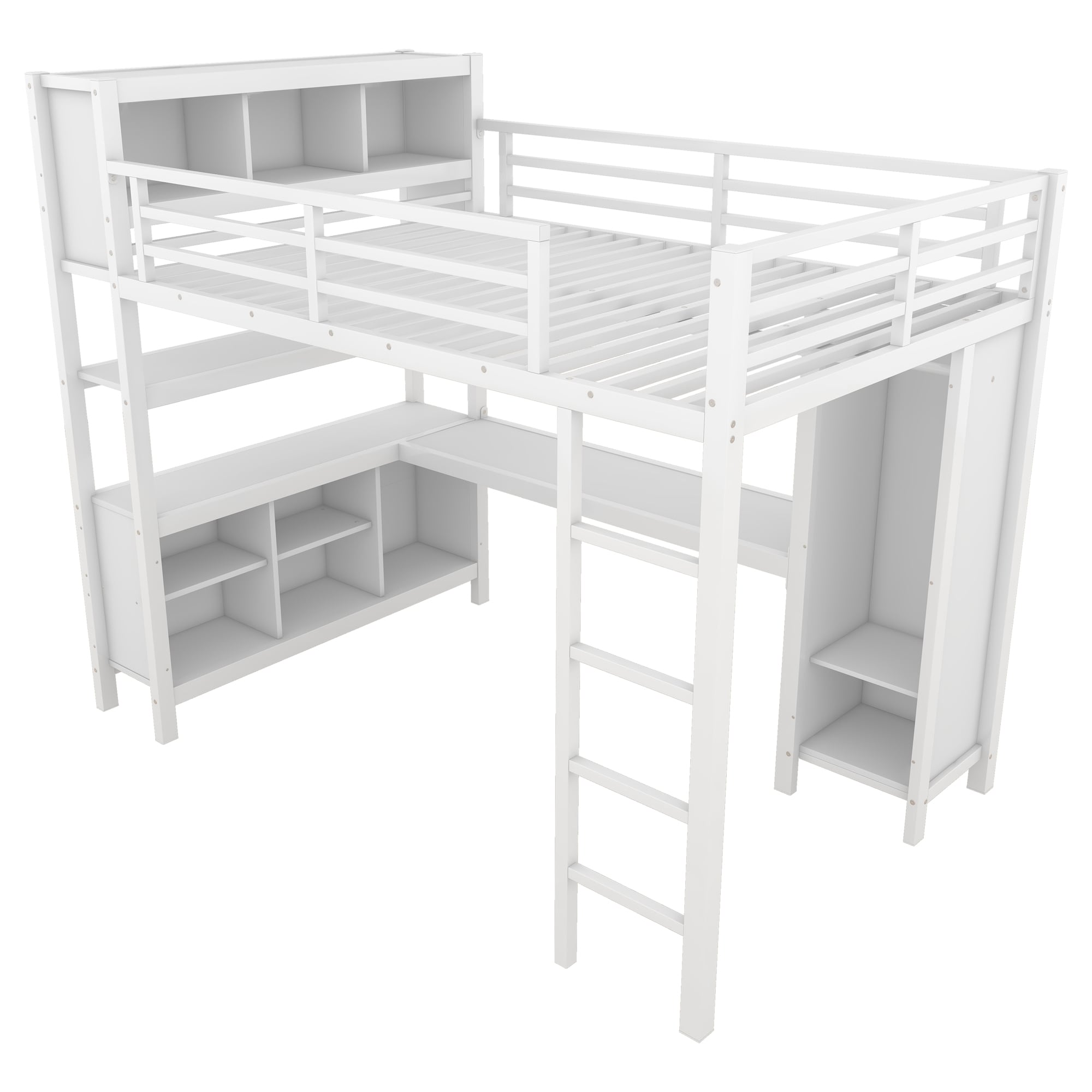 GDFStudio Alger metal full loft bed with wardrobe L shaped desk storage ...