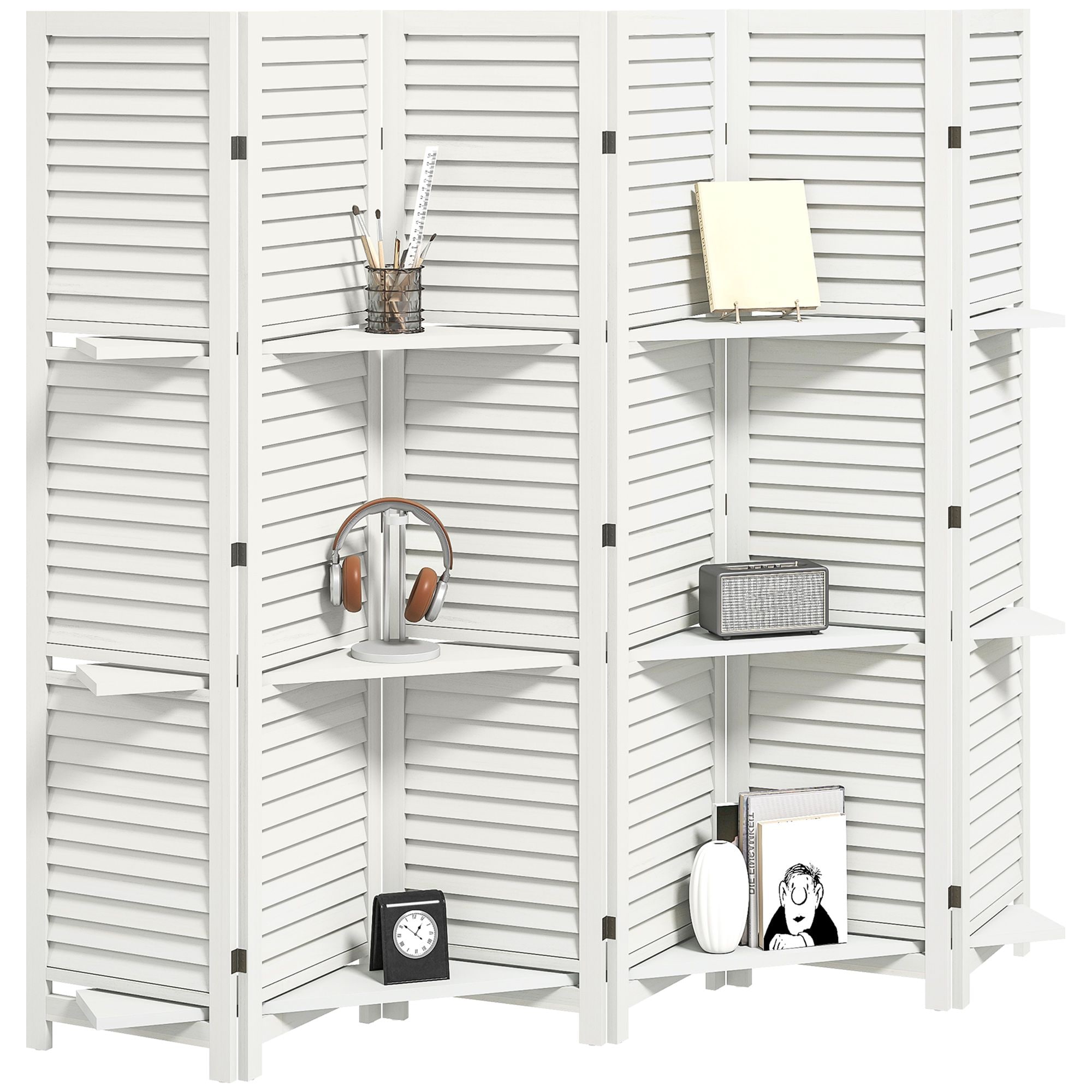 JUSHUA 6 Panel 67 Tall Wood Privacy Screen Room Divider with 3 Shelves ...