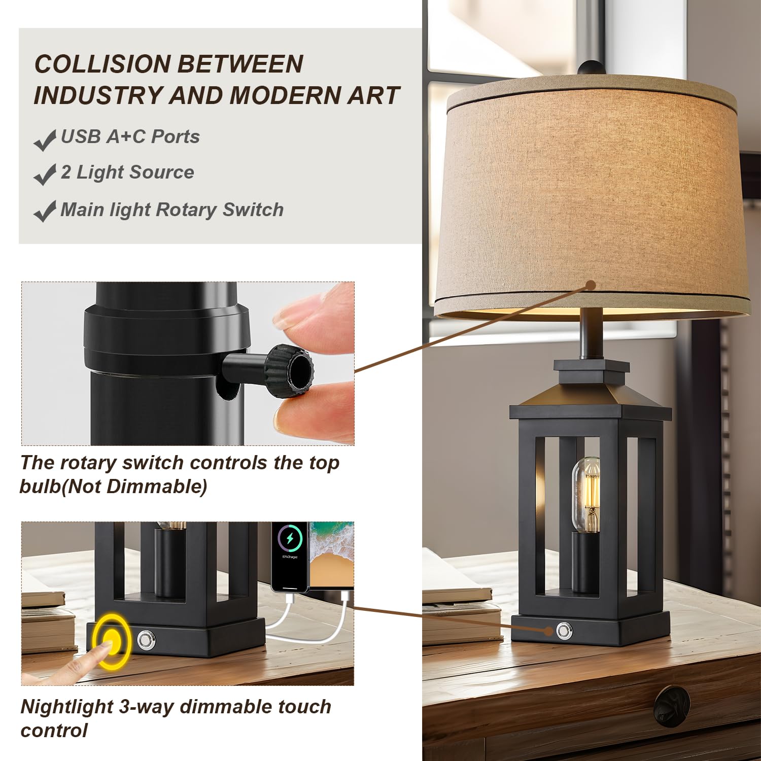 Innobule 24IN 3 Way Dimmable Touch Control Black Table Lamp set of 4 in ...