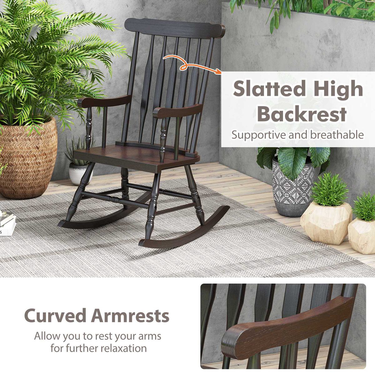 Costway Solid Wood Rocking Chair Porch Rocker Indoor Outdoor Seat ...