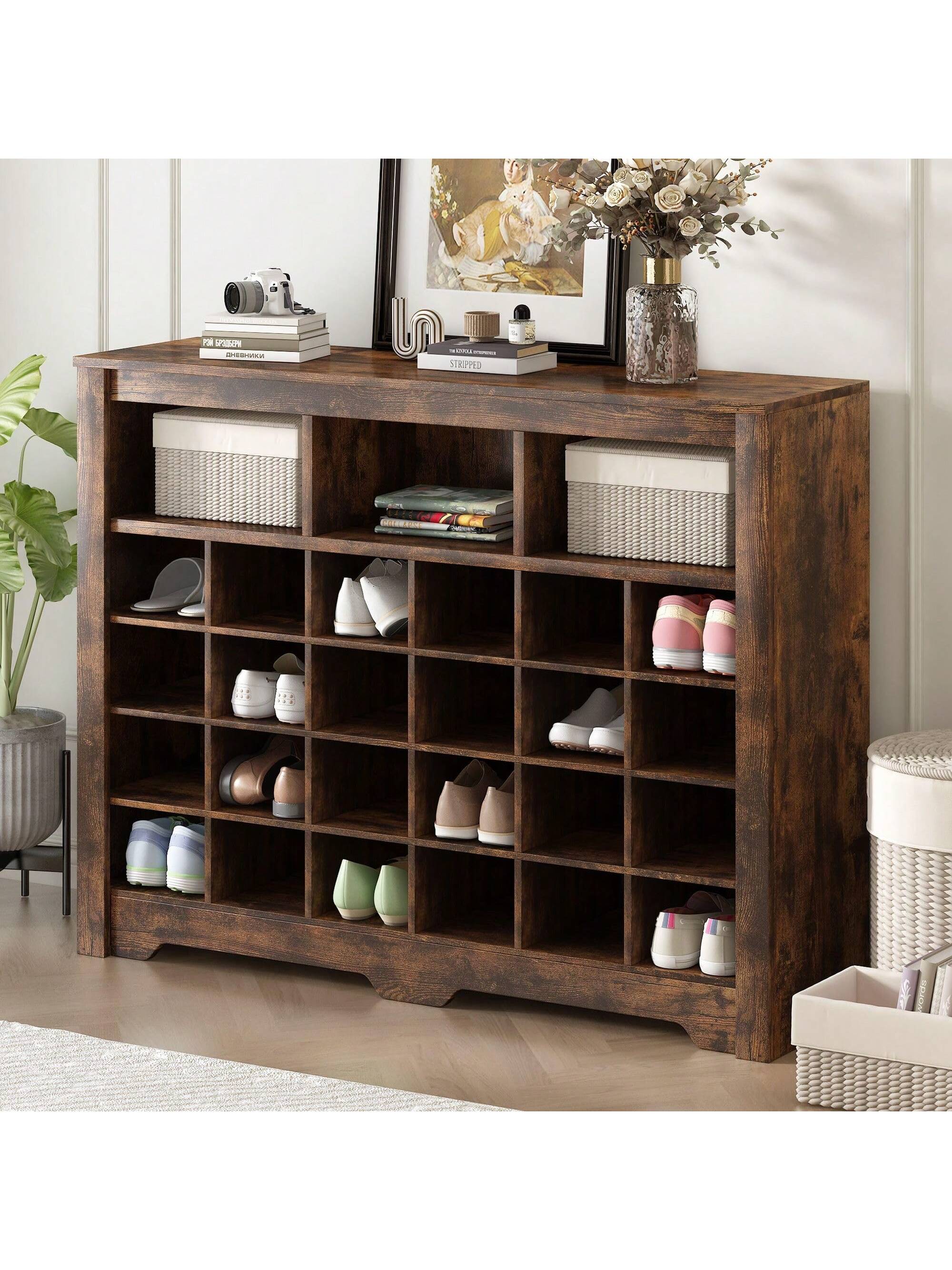 Qeetex Modern Shoe Cabinet With Curved Base 24 Shoe Cubby Console Table ...