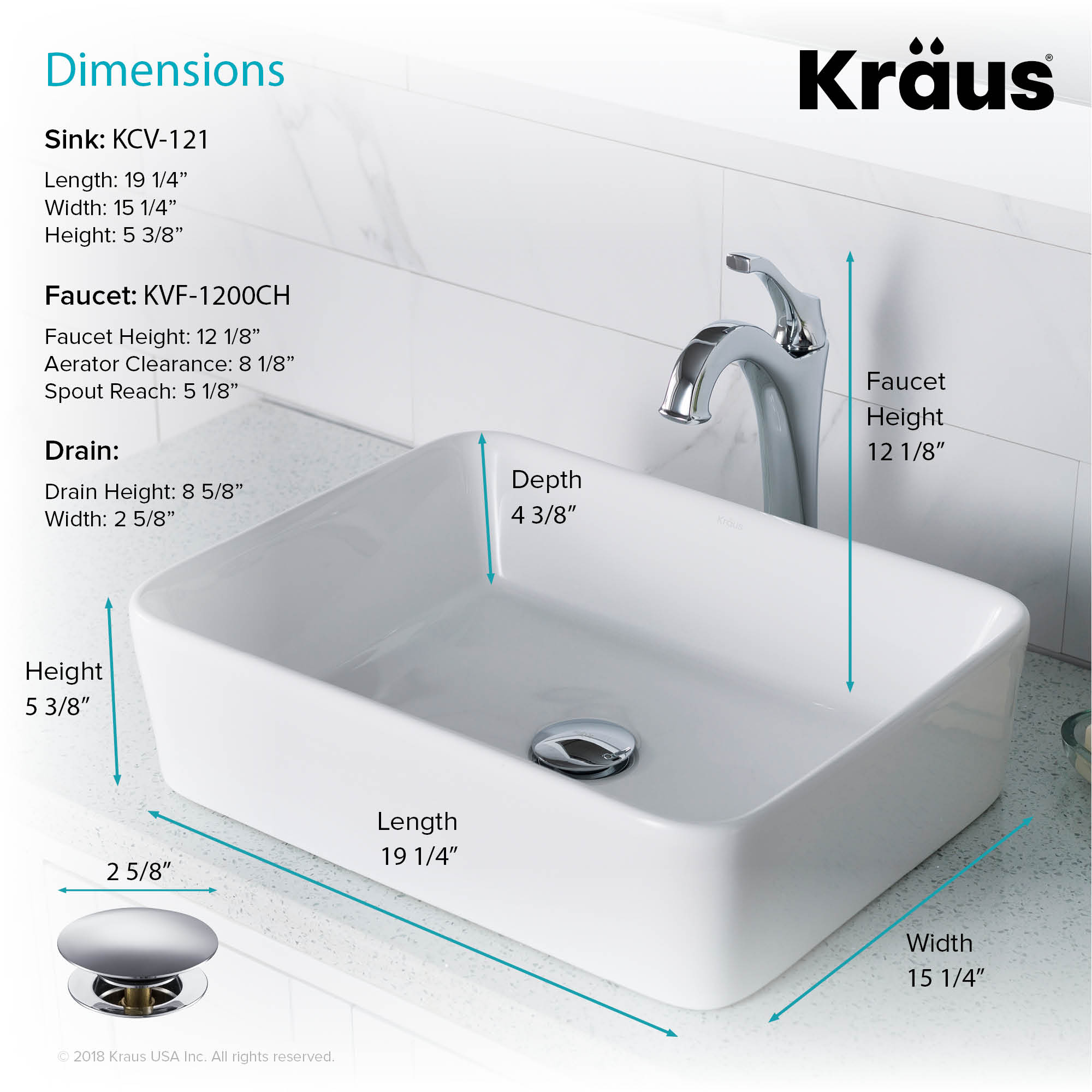 Kraus White Ceramic Vessel Rectangular Traditional Bathroom Sink With