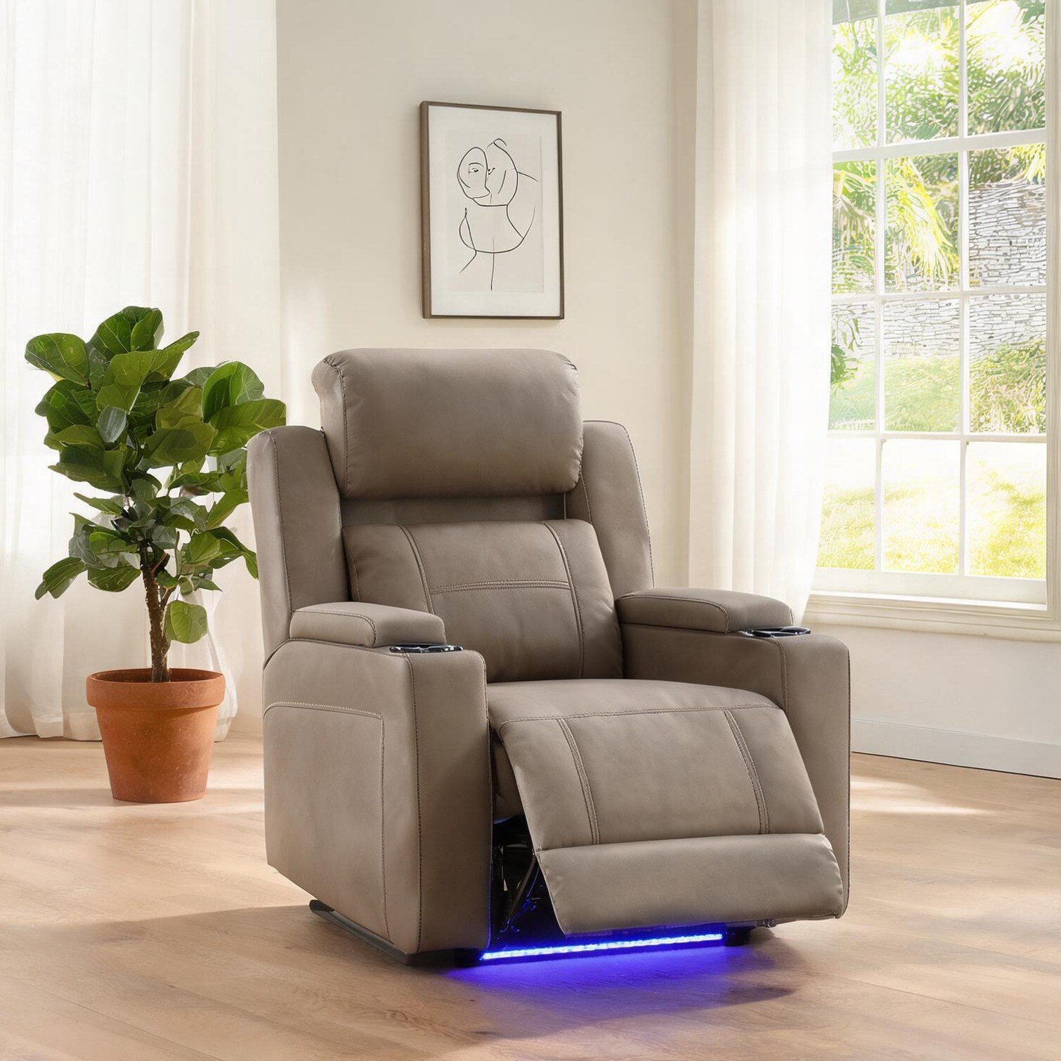 Naturefalls Camel Faux Leather Power Motion Recliner with Dual Cup ...