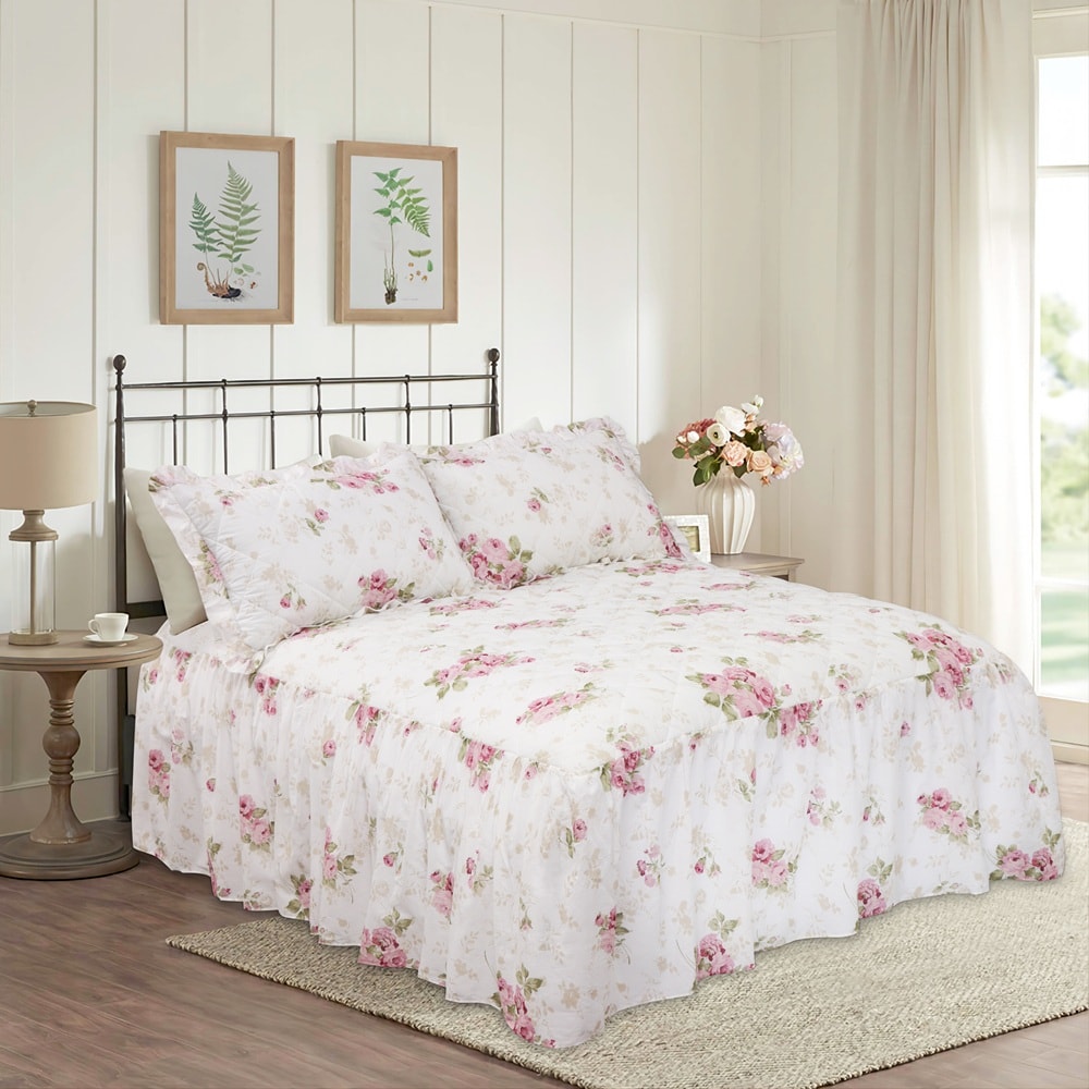 3 Pc Soft Breathable Bed Skirt Set Pink Rose Floral Printed With 2 ...