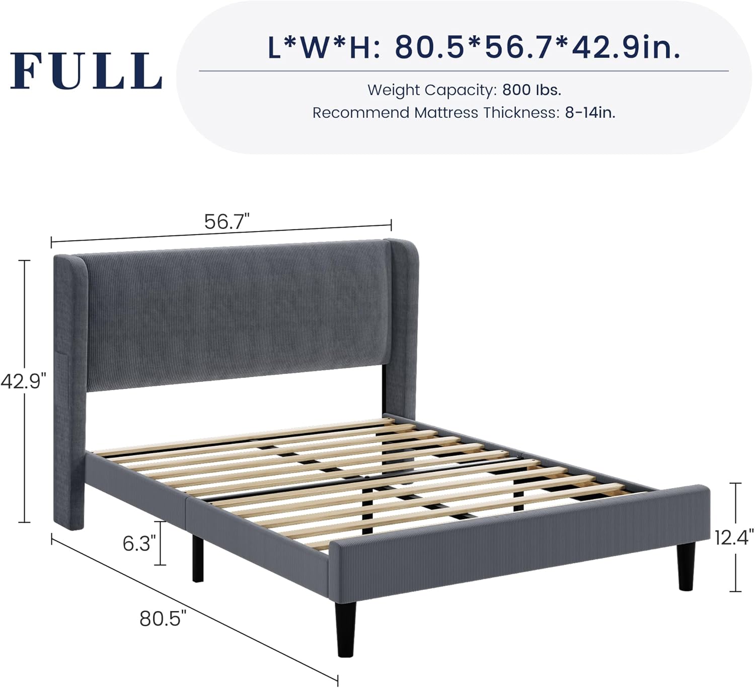 Garvee Full Bed Frame with Headboard Upholstered Bed Frame with Wood ...