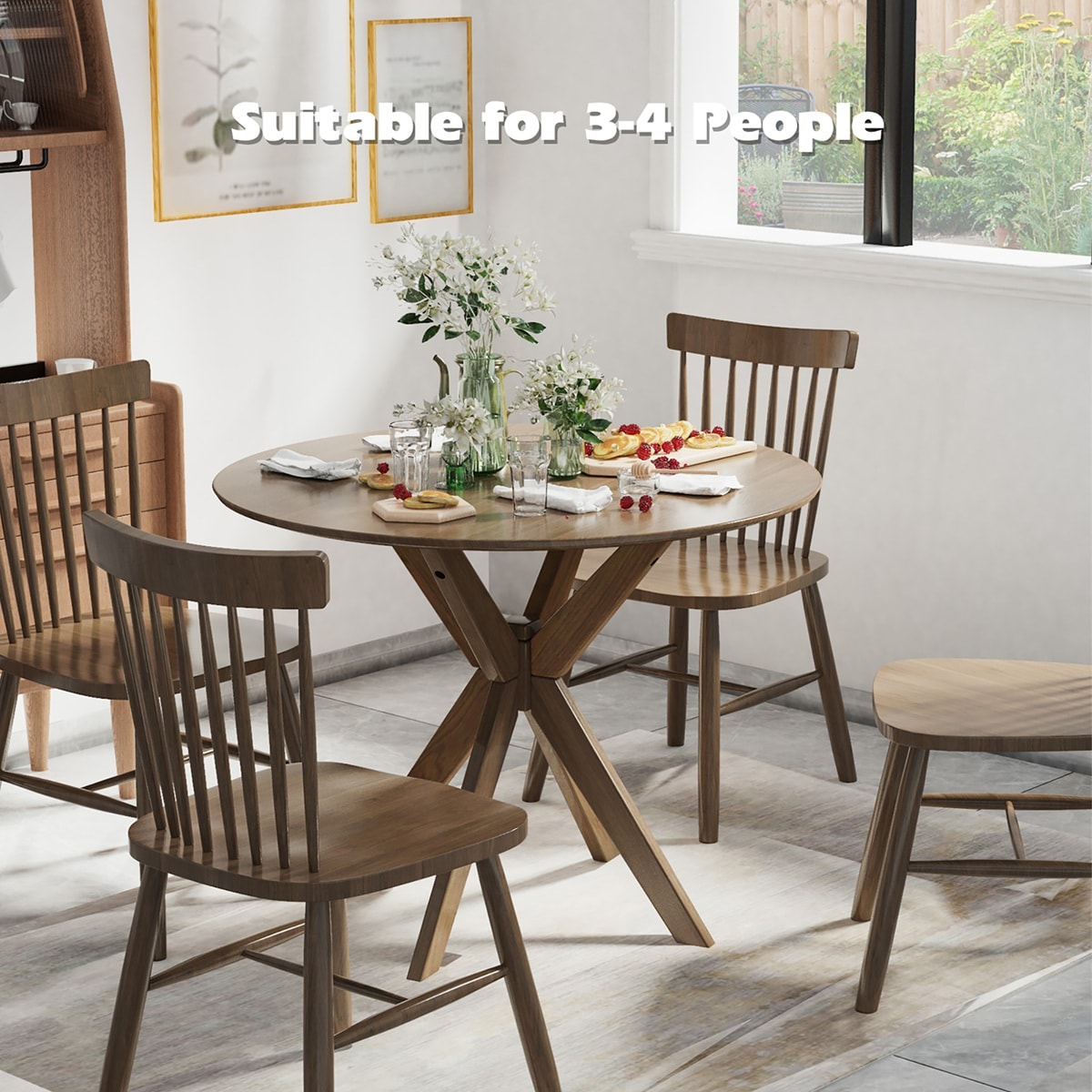 Costway Modern Round Wood Dining Table 35 inches W/ Solid Wood Legs and Base for Home Office in ...