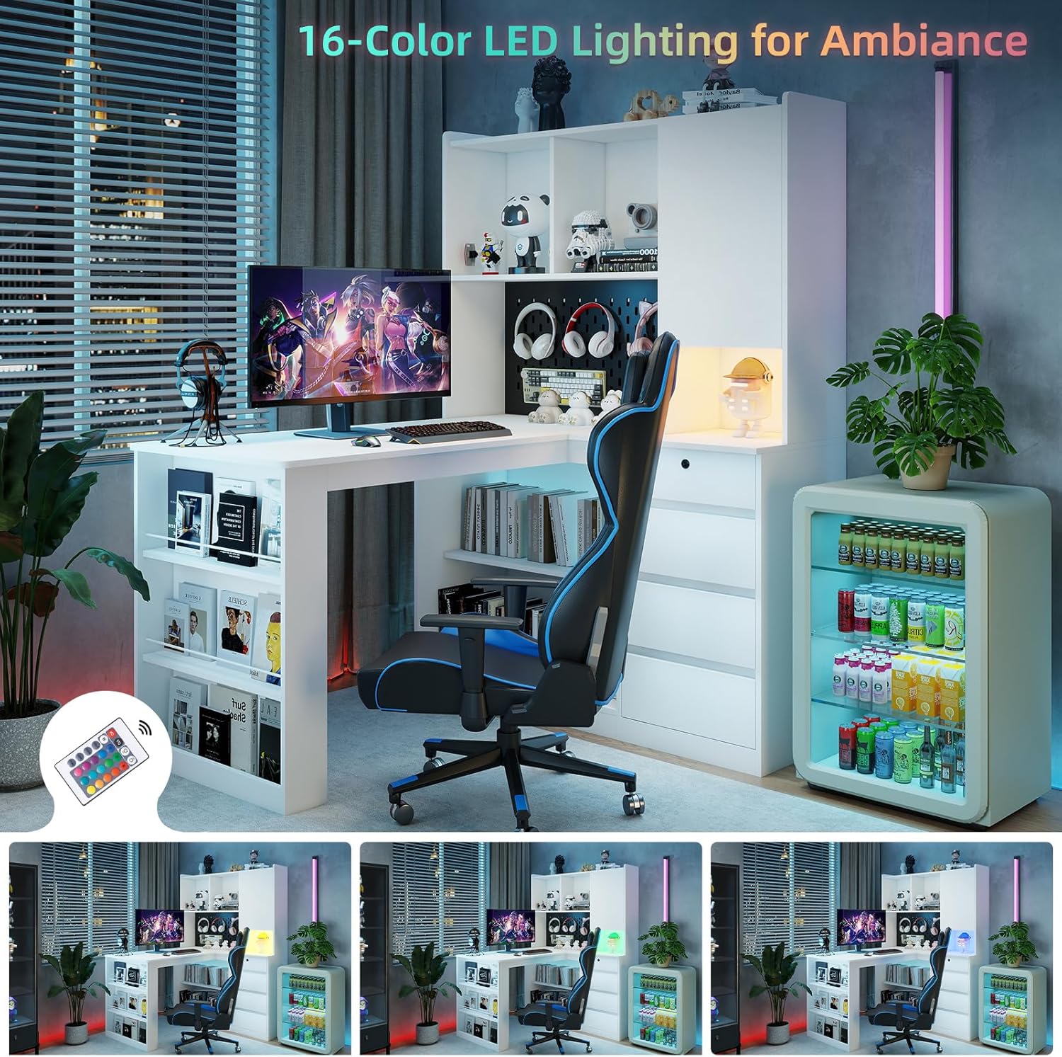 Zevemomo L Shaped Computer Desk with Hutch 4 Drawers USB Ports Power ...