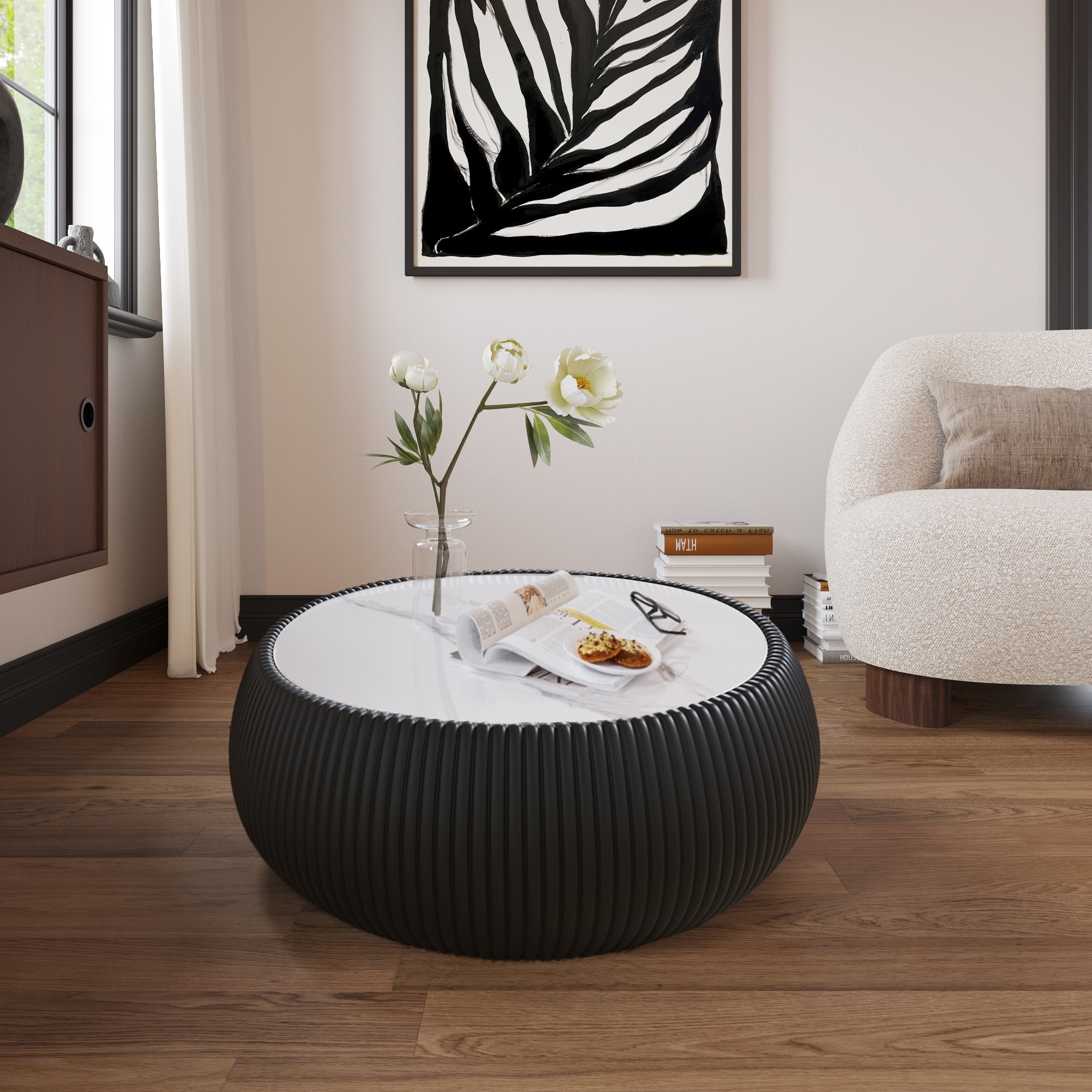 LUXEYARD Light Sintered stone Top Drum Shape Leather Coffee modern Sofa ...