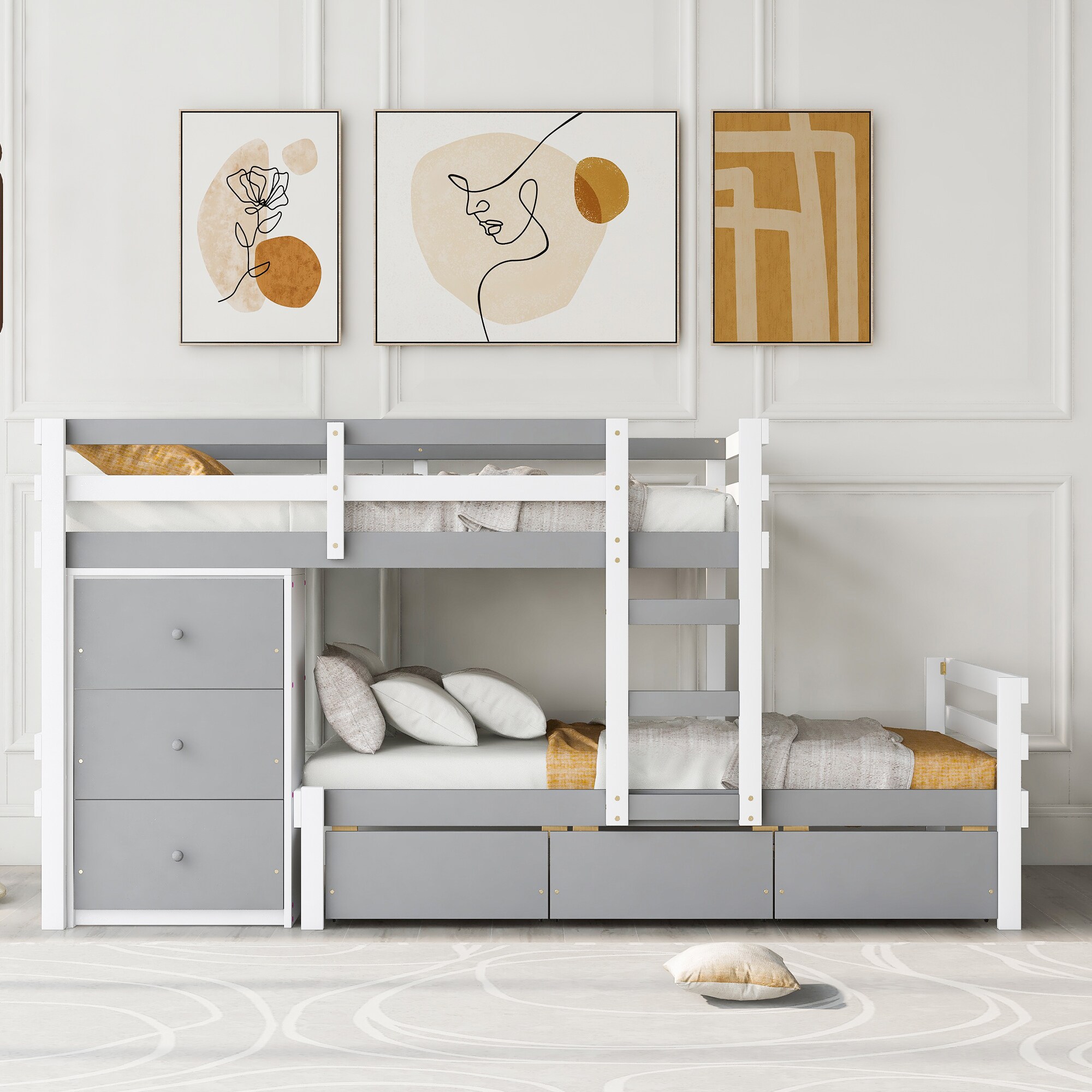 LUXEYARD Twin over Twin Loft Bunk Bed with Drawers and Ladder Gray in ...