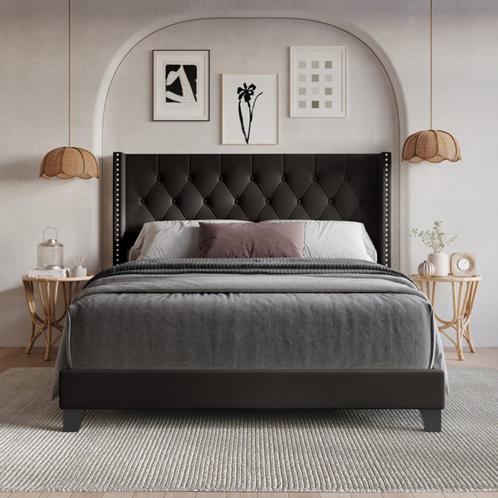 Home Design Queen Brown Wood Tufted Panel Bed with Headboard in the ...