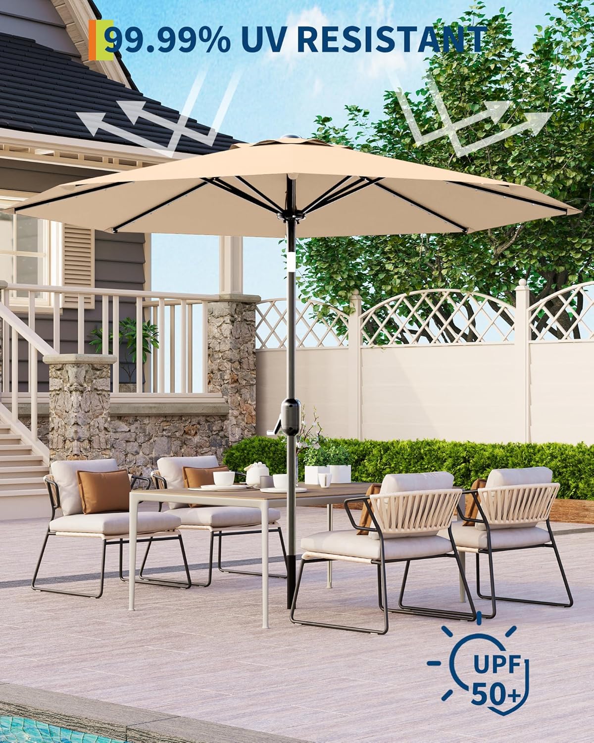 Garvee 9ft Patio Umbrella With 32 Solar Lights Outdoor Table Umbrella ...