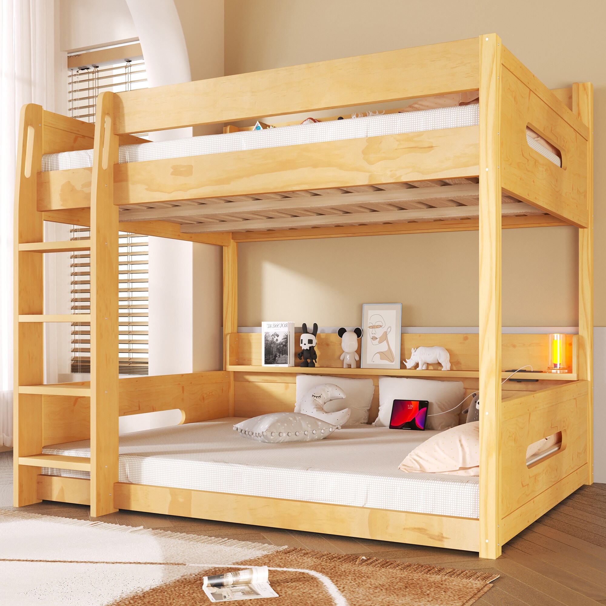 GDFStudio Queen over Queen Bunk Bed with Storage Shelves USB Ports in ...