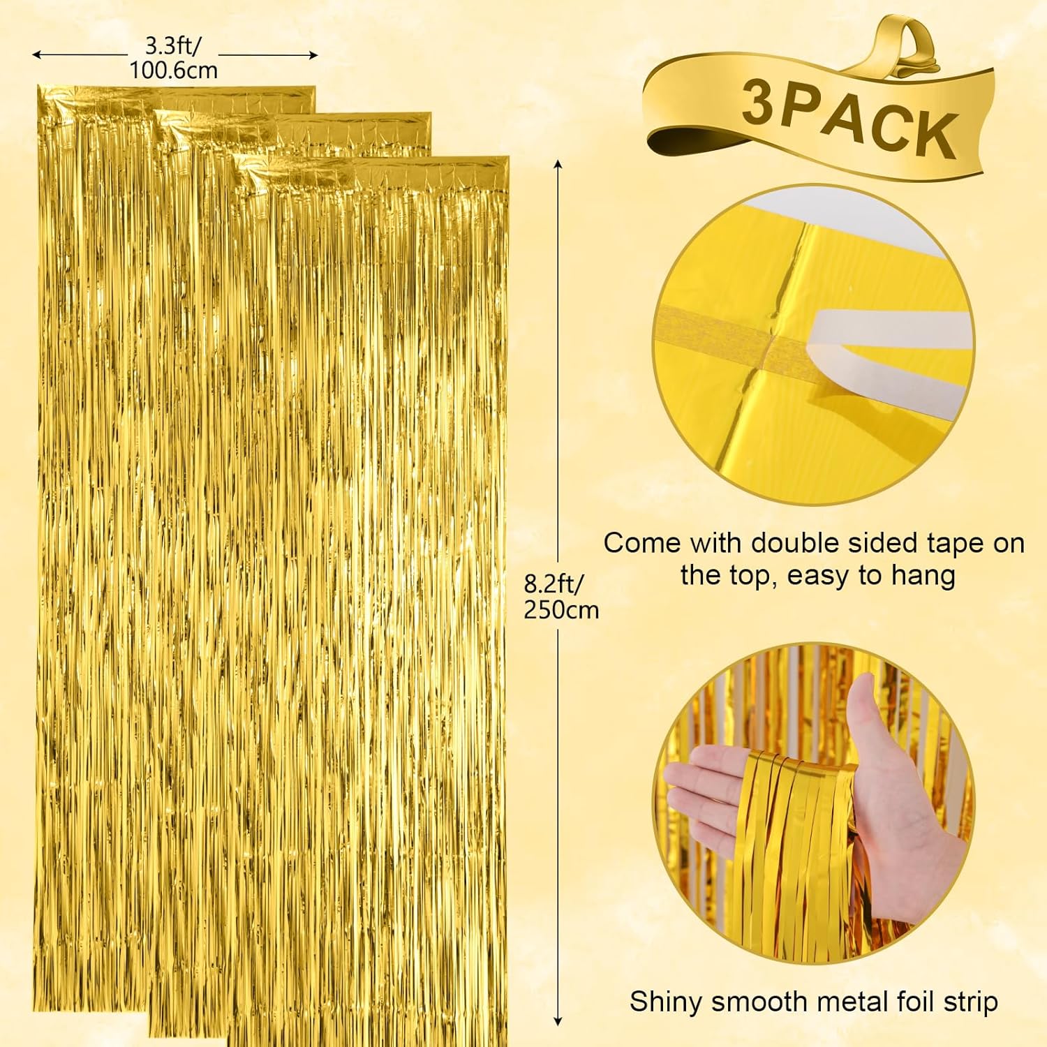 Voircoloria 3 Pack 3.3x8.2 Feet Gold Foil Fringe Backdrop Curtains ...