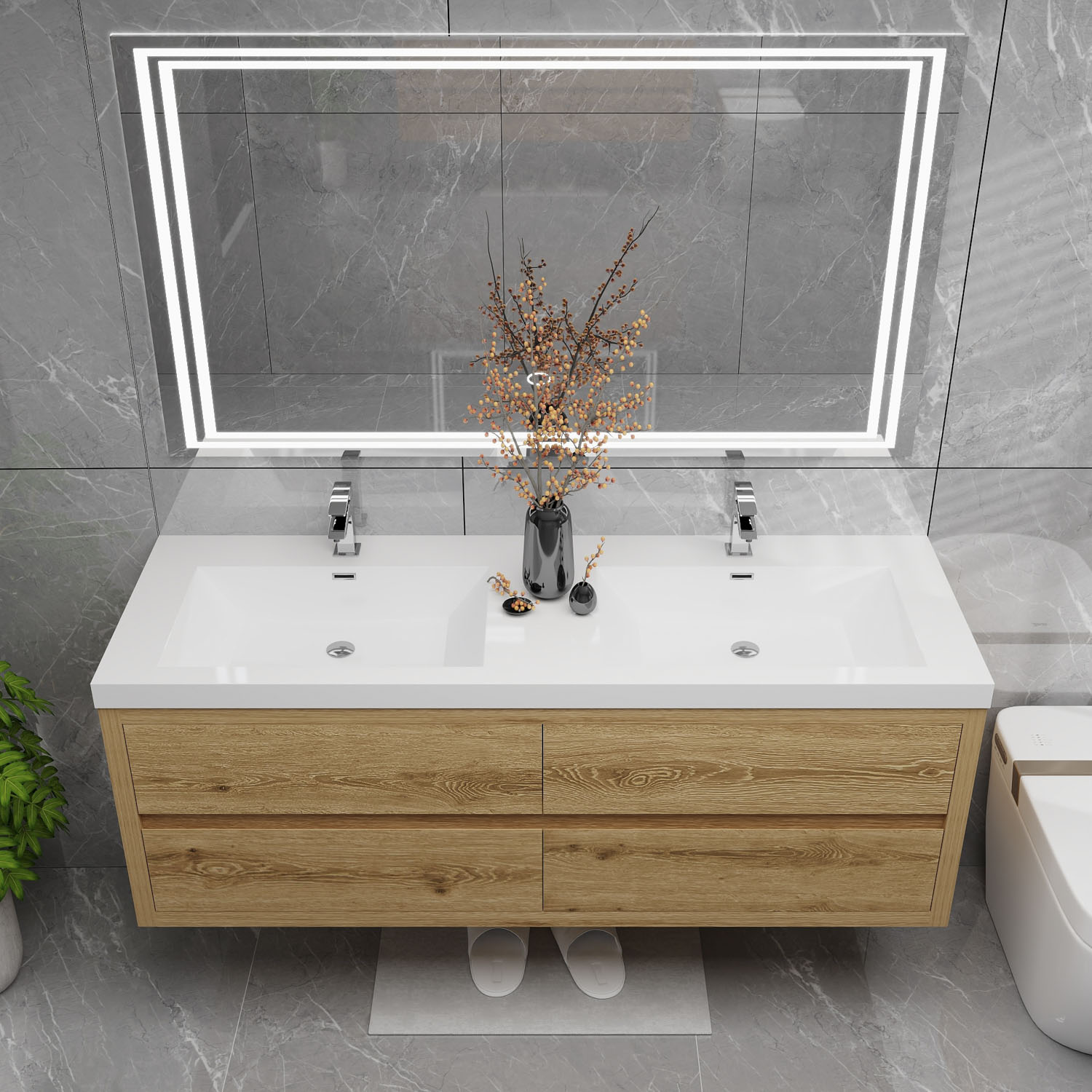 BV Better Vanity Louis 60-in Yellow Wood Double sink Floating Bathroom ...