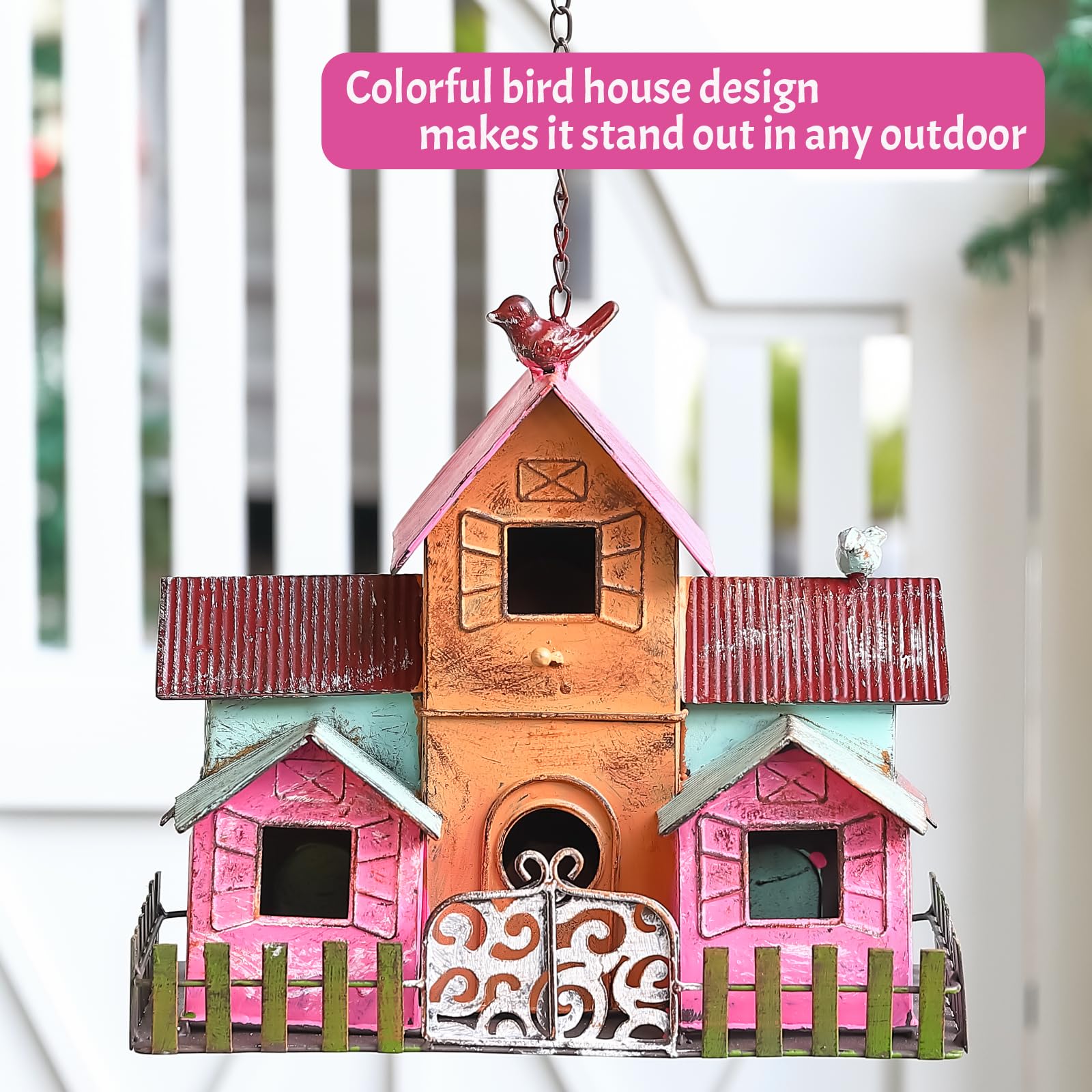 Etokfoks Large Metal Bird House for Outside Hanging 5 Compartments 10 ...