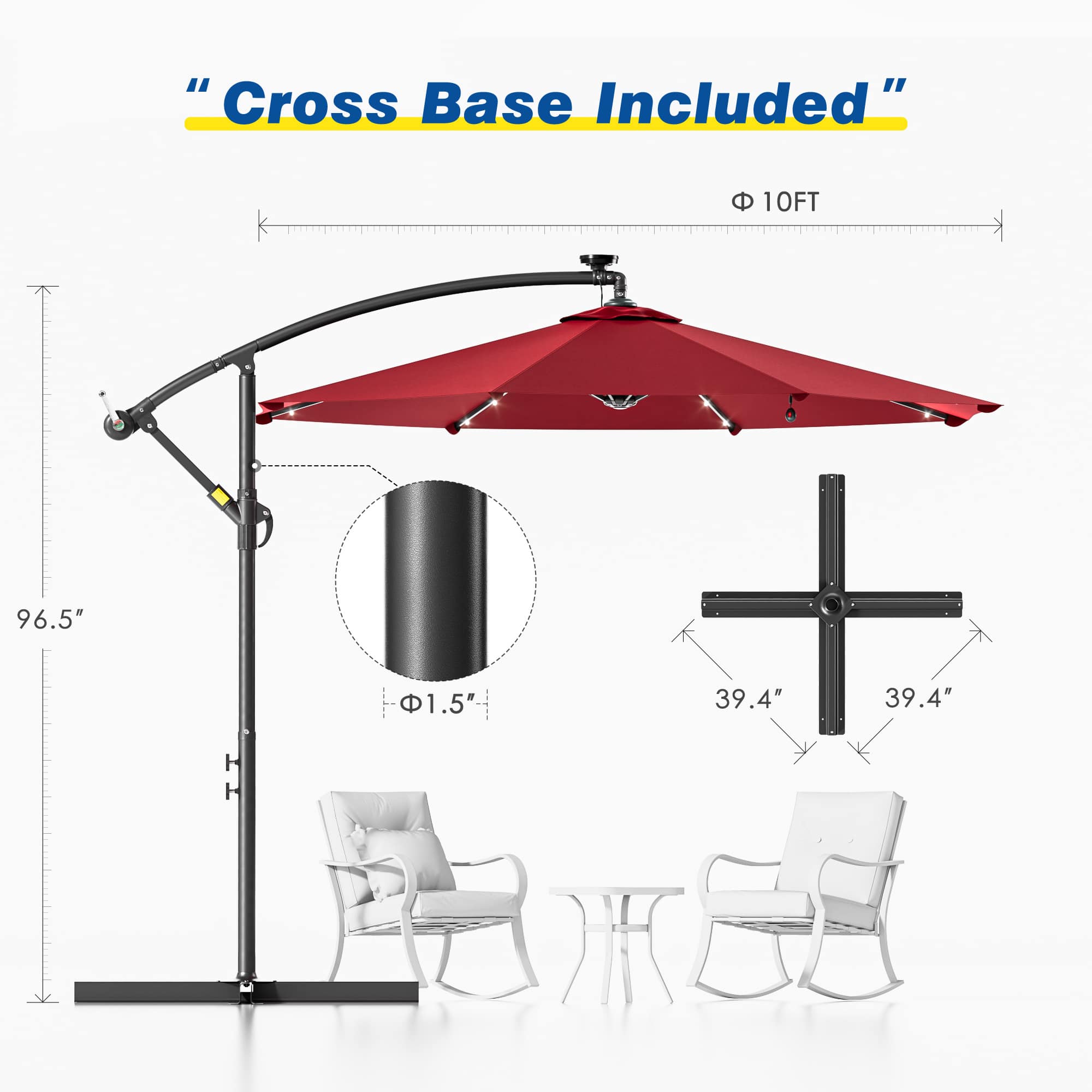 Aok Garden 10FT Outdoor Solar LED Round Patio Offset Umbrella Aluminum ...