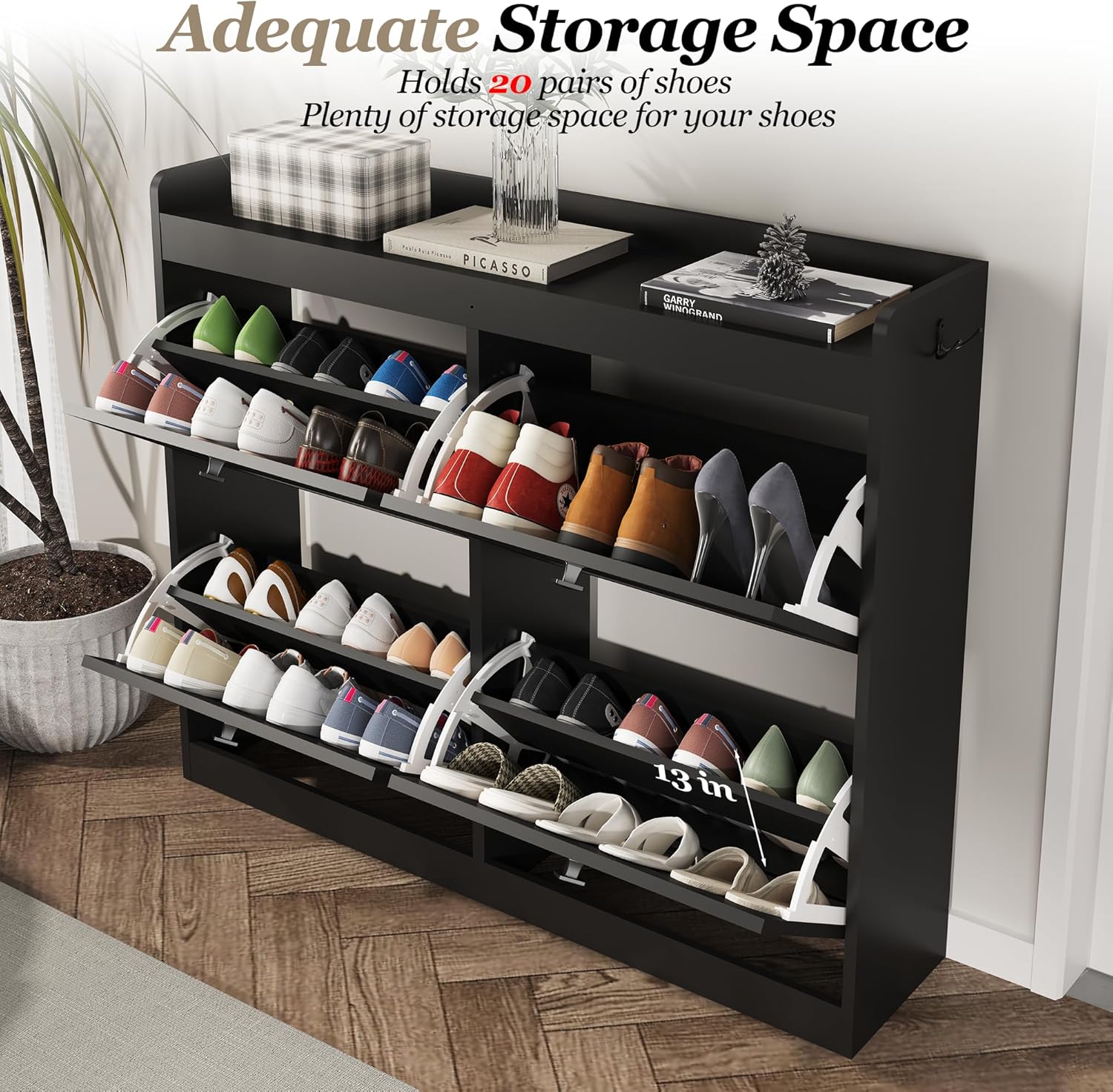 Garvee Large 4 Drawer Shoe Storage Cabinet Flip Up Doors Wooden Legs ...