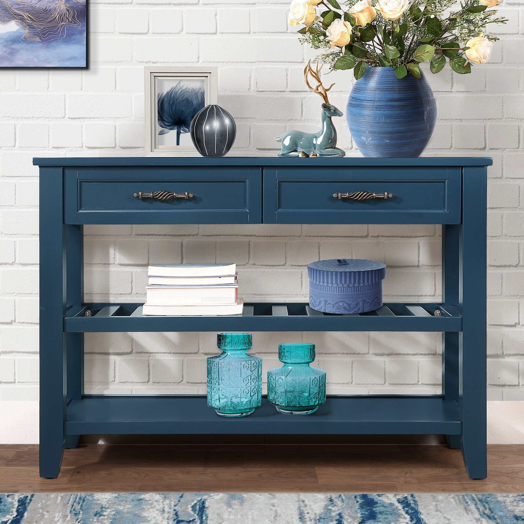 LUXEYARD 42 Inch Console Sofa Table with 2 Drawers and 2 Shelves Navy ...