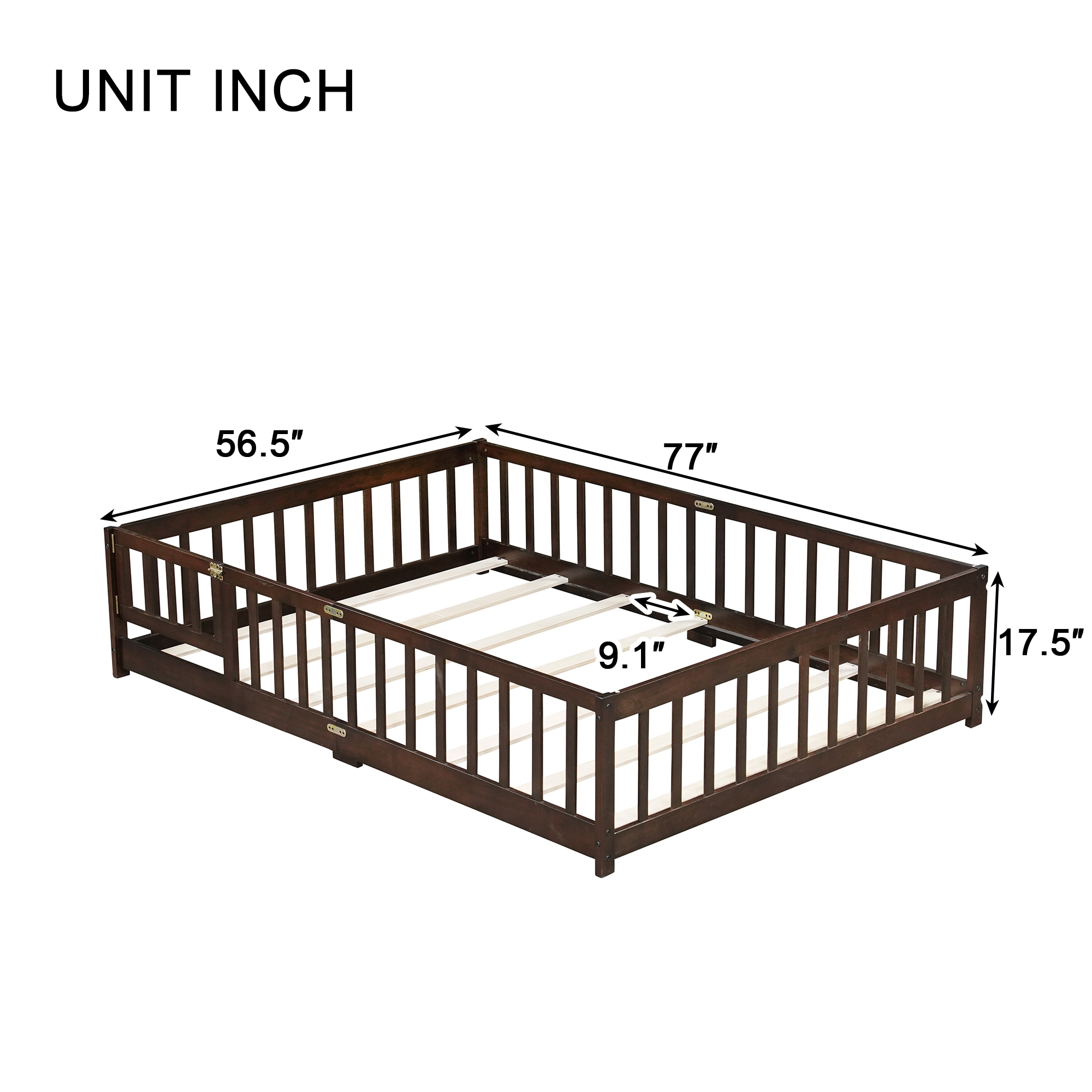 Bellemave Espresso Full Size Montessori Floor Bed with Safety Fence and ...