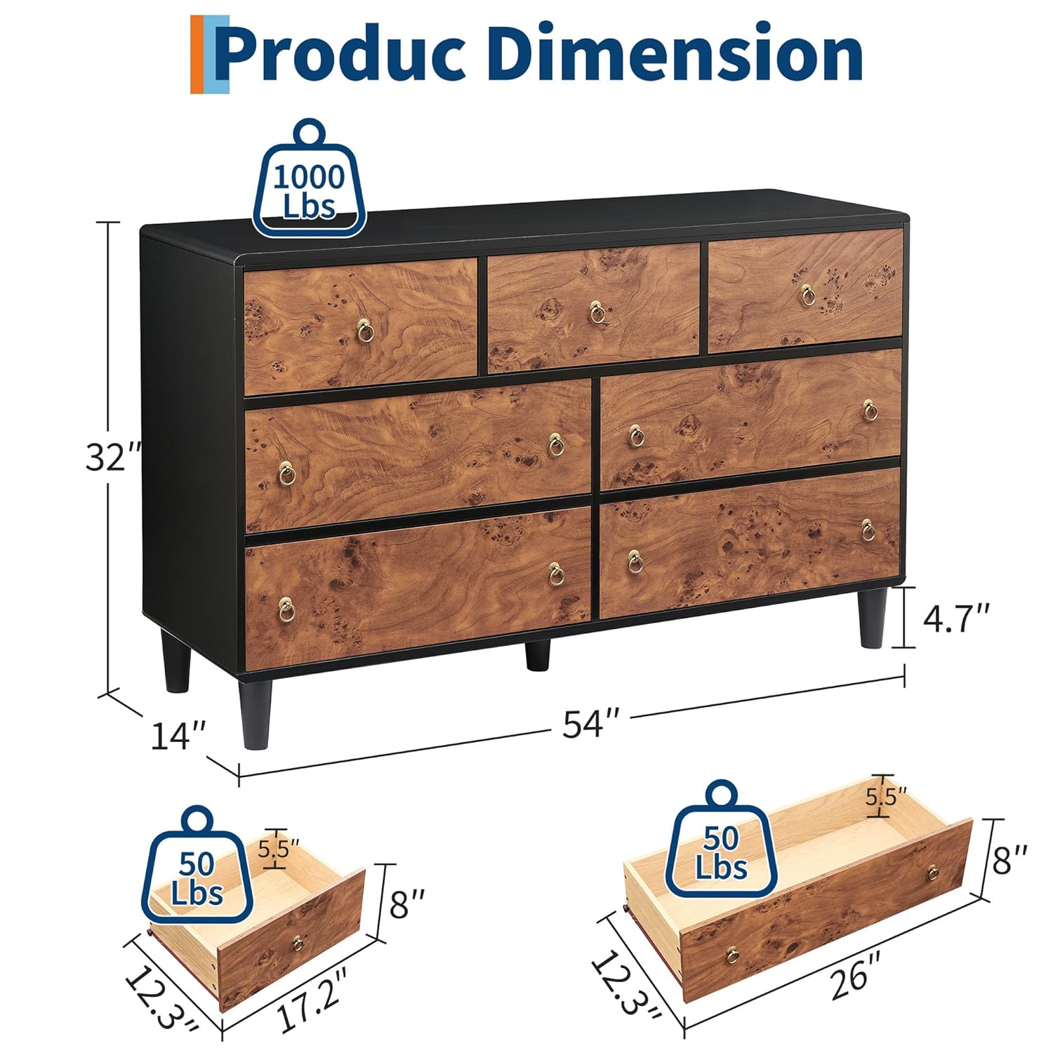 Garvee 7 Drawers Dresser for Bedroom 54 in Wide Modern Chest of Drawers ...