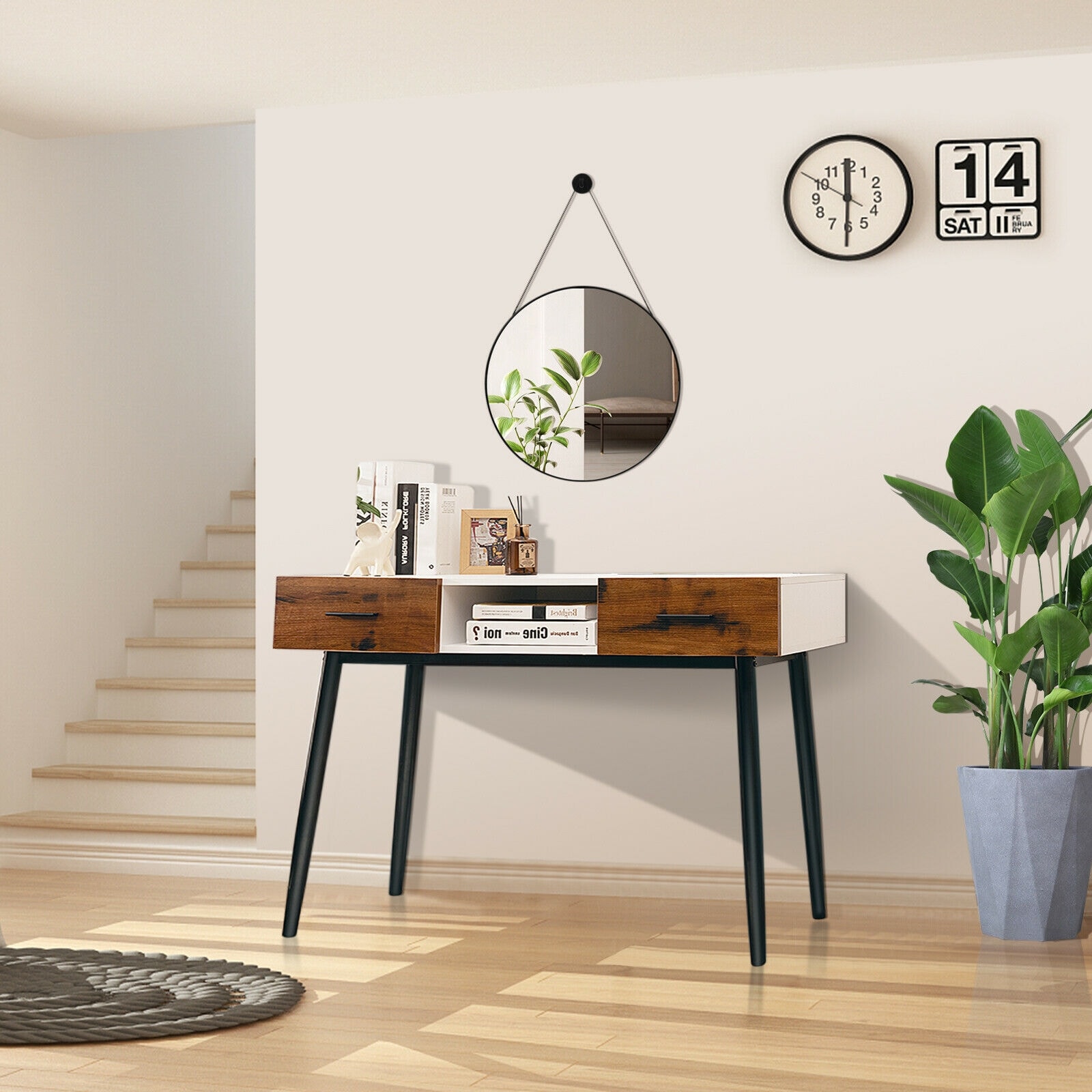 SUGIFT 42-in Industrial Console Table 88-lb Tabletop 2 Drawers Open ...