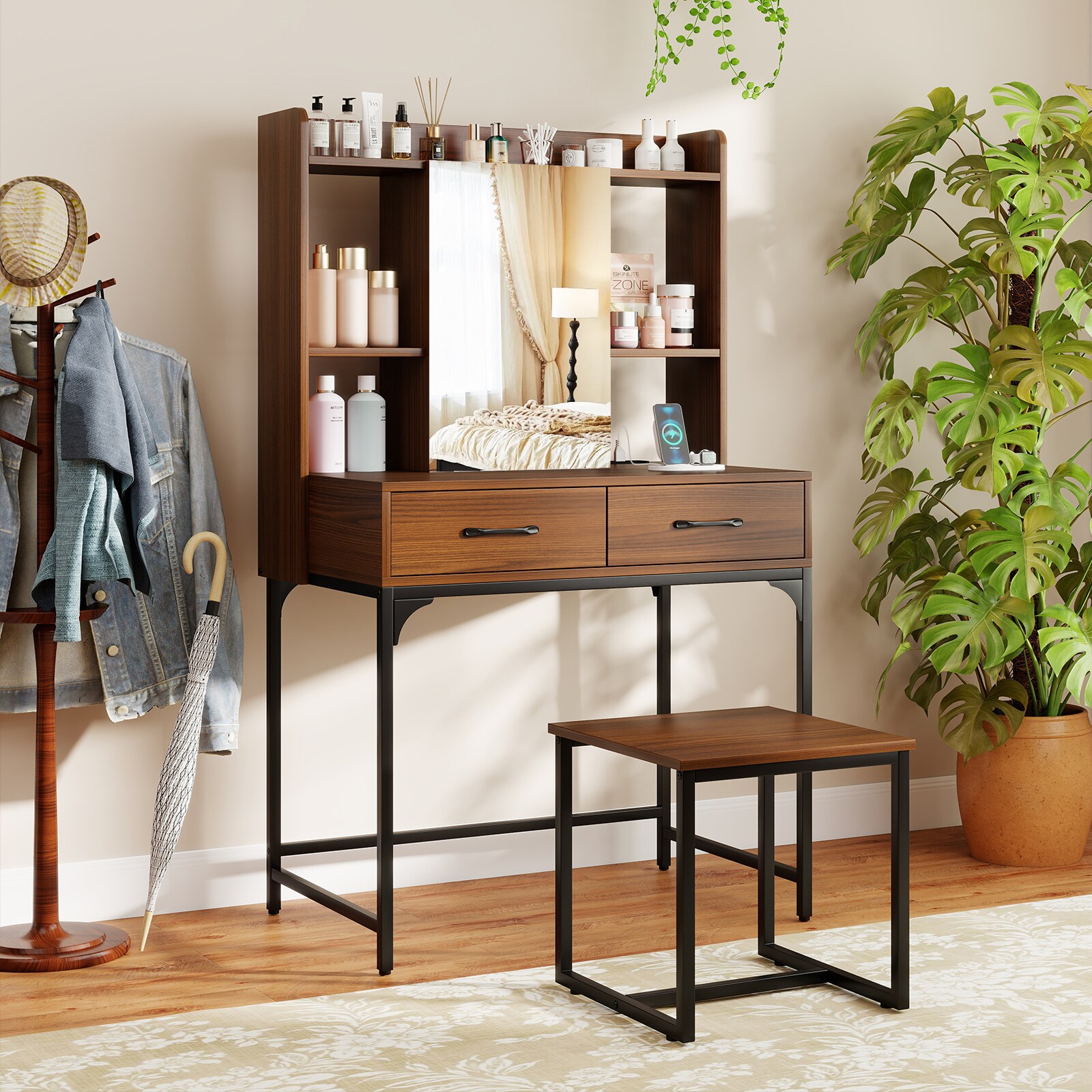 Slickblue Modern White/Walnut Makeup Vanity with USB Type C Charging ...