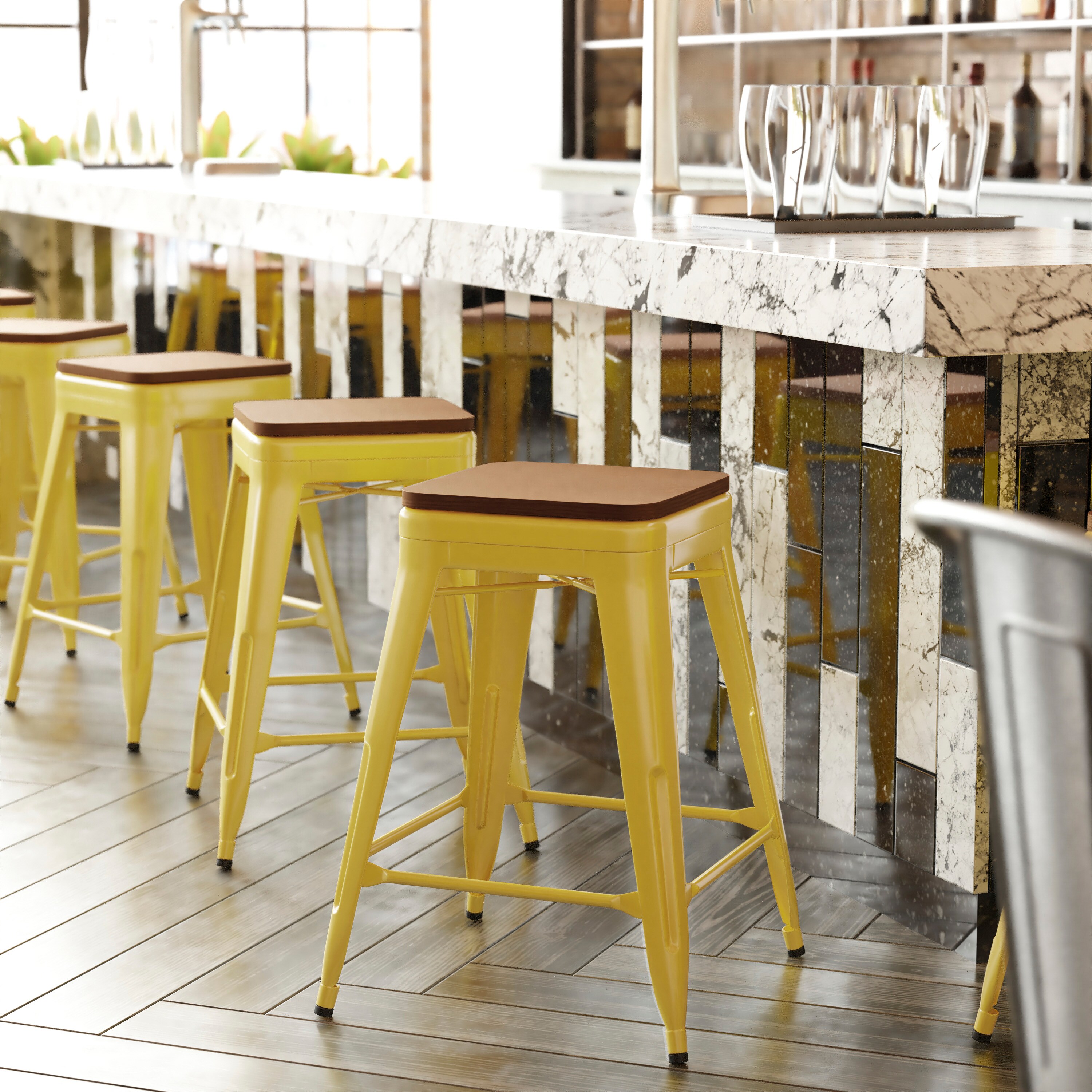 Flash Furniture Kai Commercial Grade 24-in High Backless Yellow Metal ...