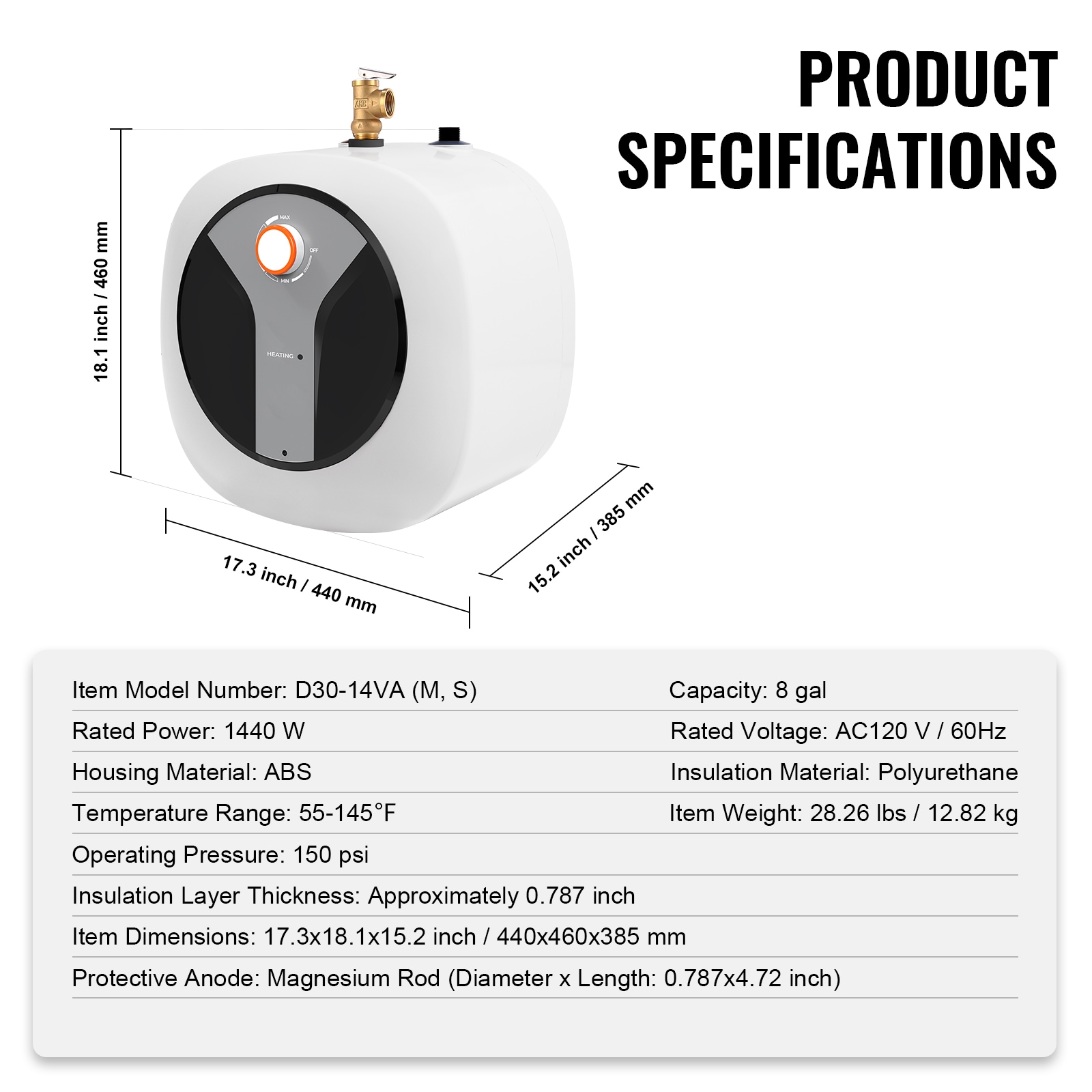 VEVOR Electric Mini-tank Water Heater 8-Gallon Tank, 1440w Hot Water ...
