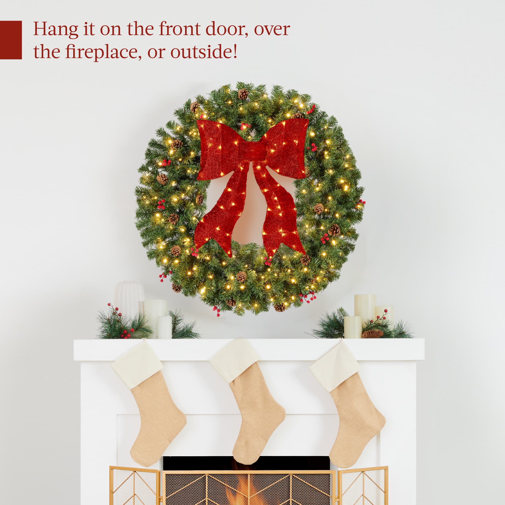 Best Choice Products 48in Pre-Lit Christmas Wreath w/Berries Pinecones ...