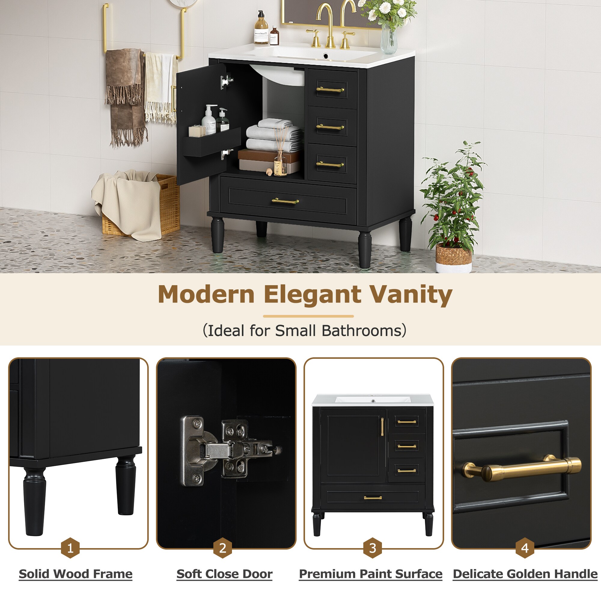 GDFStudio Nora 30-inch Traditional Bathroom Vanity with Three Drawers ...