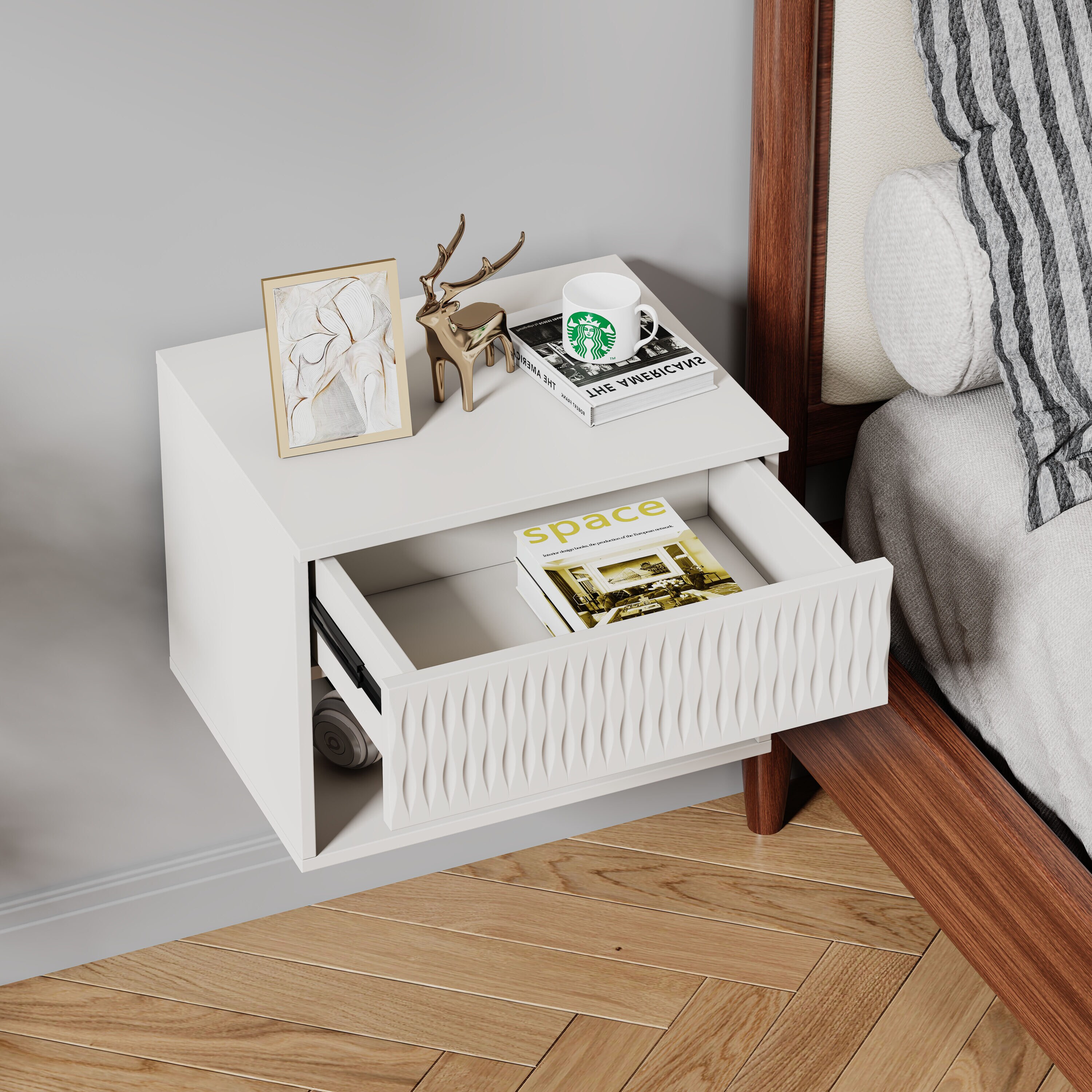 LUXEYARD Set of 2 Nightstand with Stylish Wall-Mounted Cabinet ...