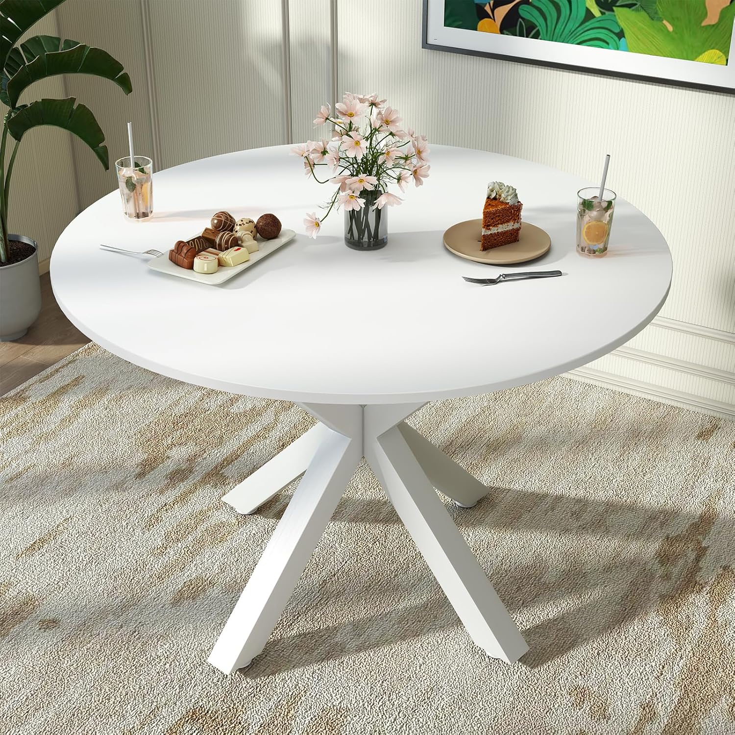 Zevemomo Round Dining Table 42 Inch with White Metal Cross Legs White ...