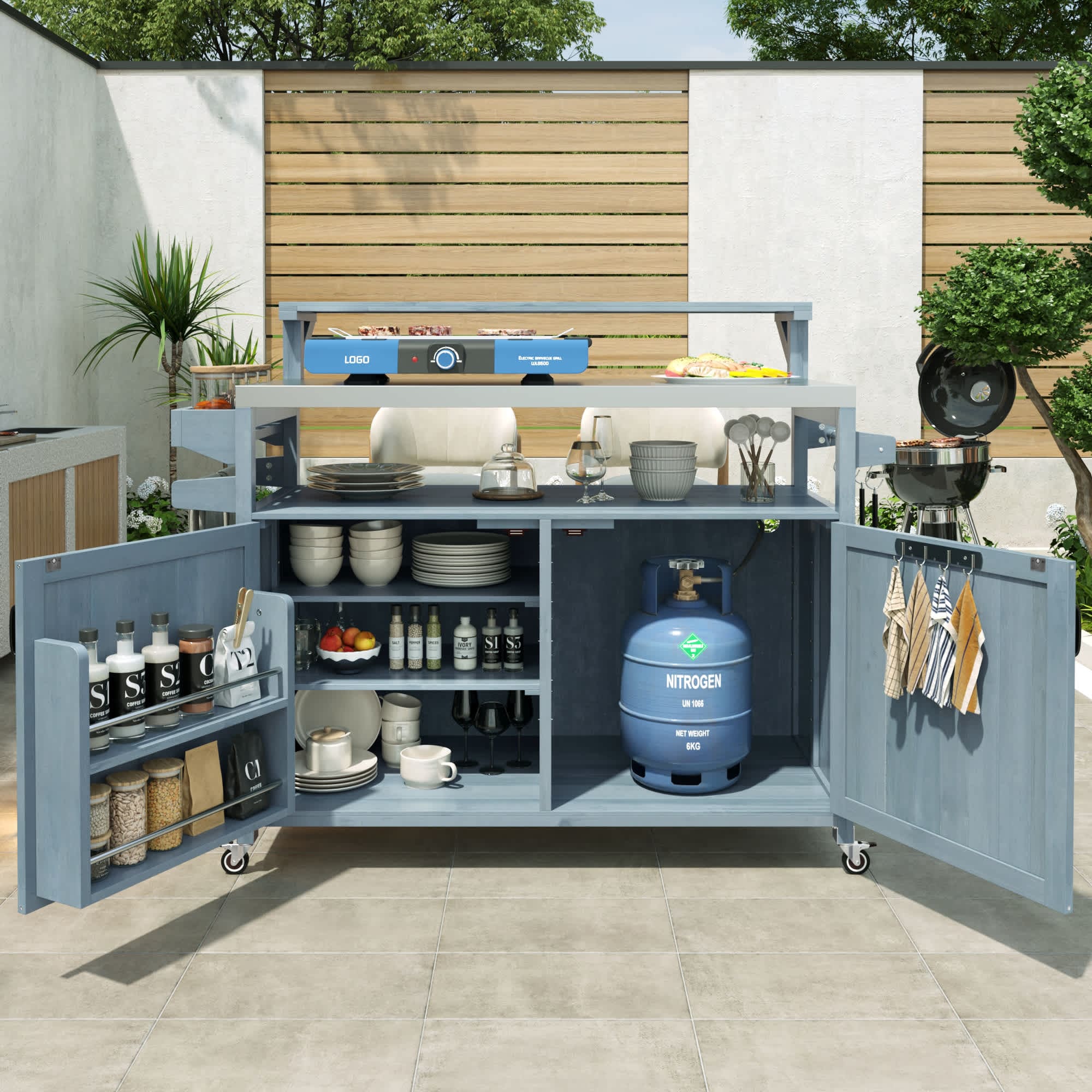 Etokfoks 53.3 in Outdoor Kitchen Island Raised Shelf Solid Wood Storage ...