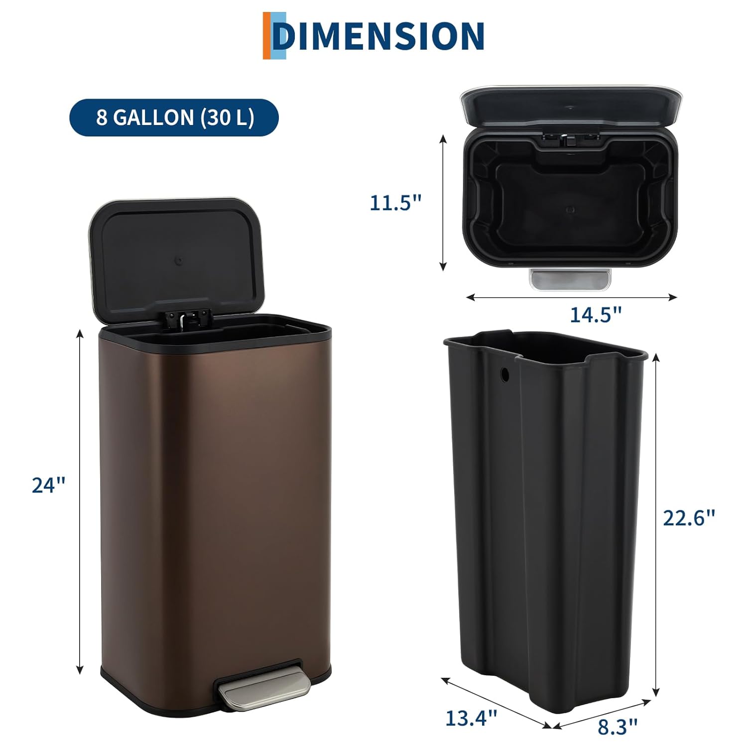 Garvee Kitchen Trash Can 30L Stainless Steel Garbage Can with Soft ...