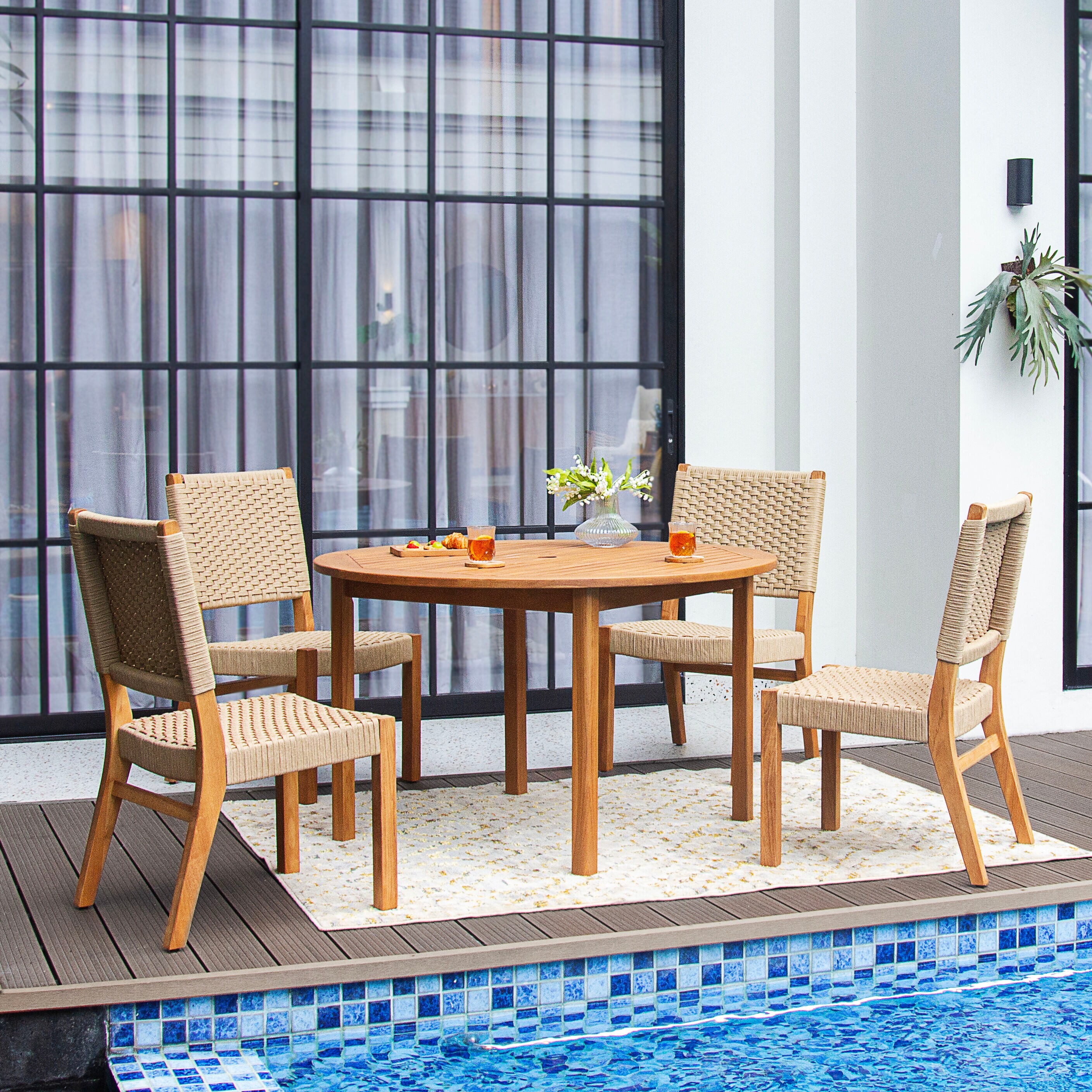 Cambridge Casual Paris 5 -Piece Teak Wood/ Tan Woven Woven Patio Dining ...